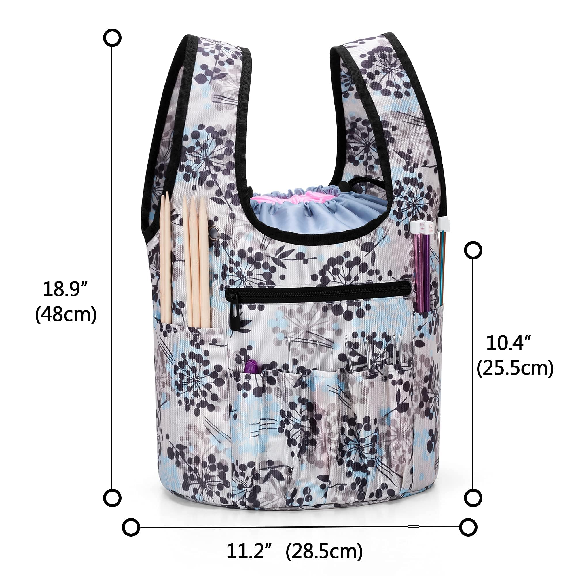CURMIO Knitting Tote Bag, Yarn Project Wristlet Bag with Drawstring for Knitting Needles, Crochet Hooks and Supplies, Dandelion (Bag Only)
