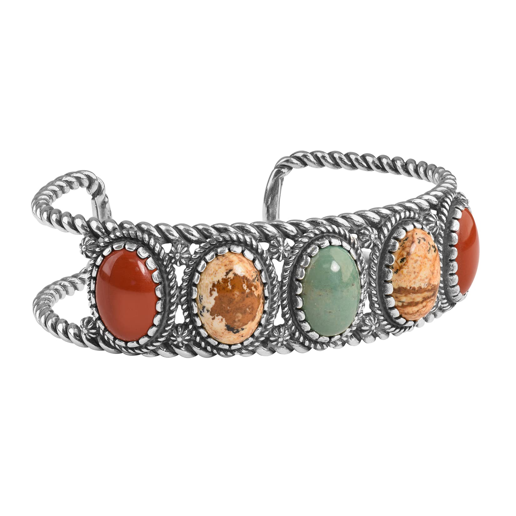 American West Jewelry Sterling Silver Green Turquoise, Red & Picture Jasper Gemstone 5-Stone Design Size Medium