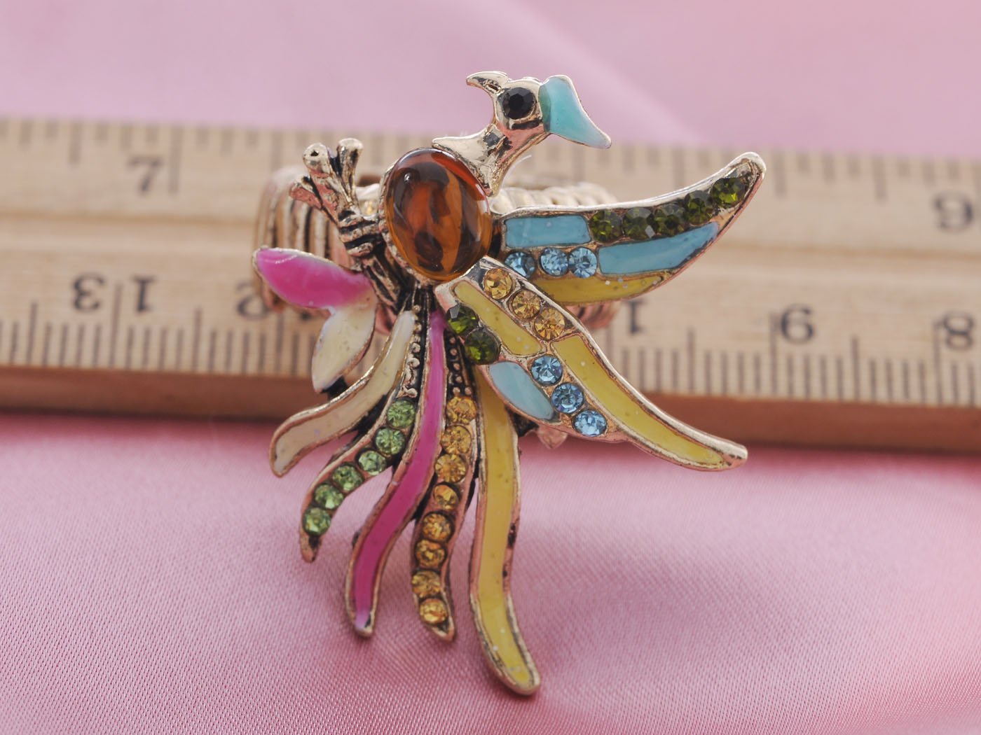 Alilang Womens Elastic Antique Gold Rhinestones Colorful Phoenix Bird Ring