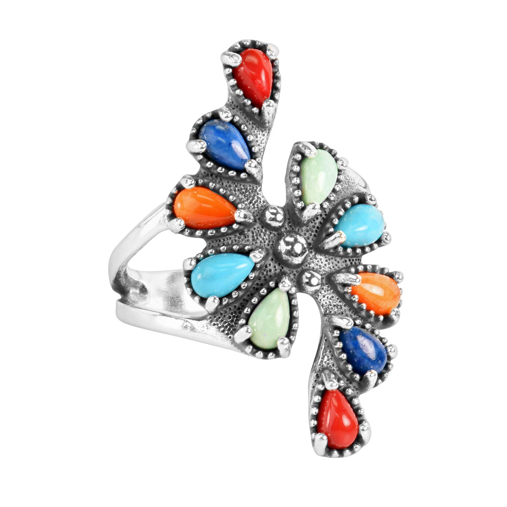 American West Ring Sterling Multi-Gemstone Cluster Fan Ring Sizes 9