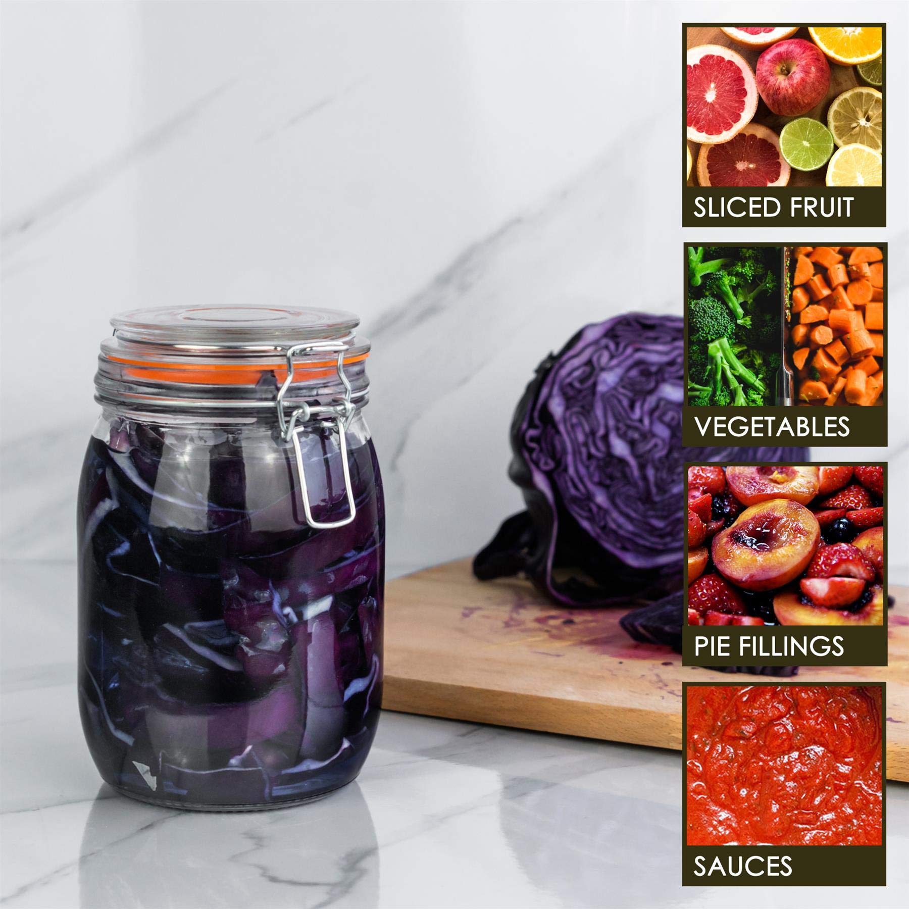 Argon Tableware 6X 1000ml (1 Litre) Clear Glass Storage Jars with Orange Airtight Silicone Seal and Metal Clip Lids - 33.8oz Large Empty Kitchen Jar Container