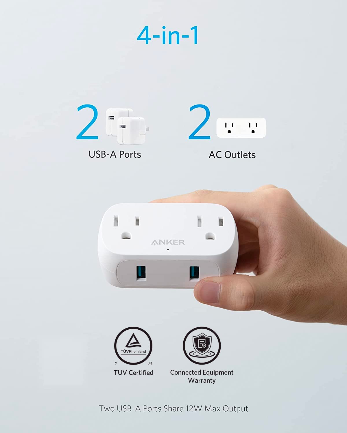 Anker Outlet Extender with USB Wall Plug, PowerExtend USB Plug 2 Mini Charger with 2 Outlets, 2 USB Ports, and PowerIQ Technology, Compact for Travel, Desk, and Cruise Essentials