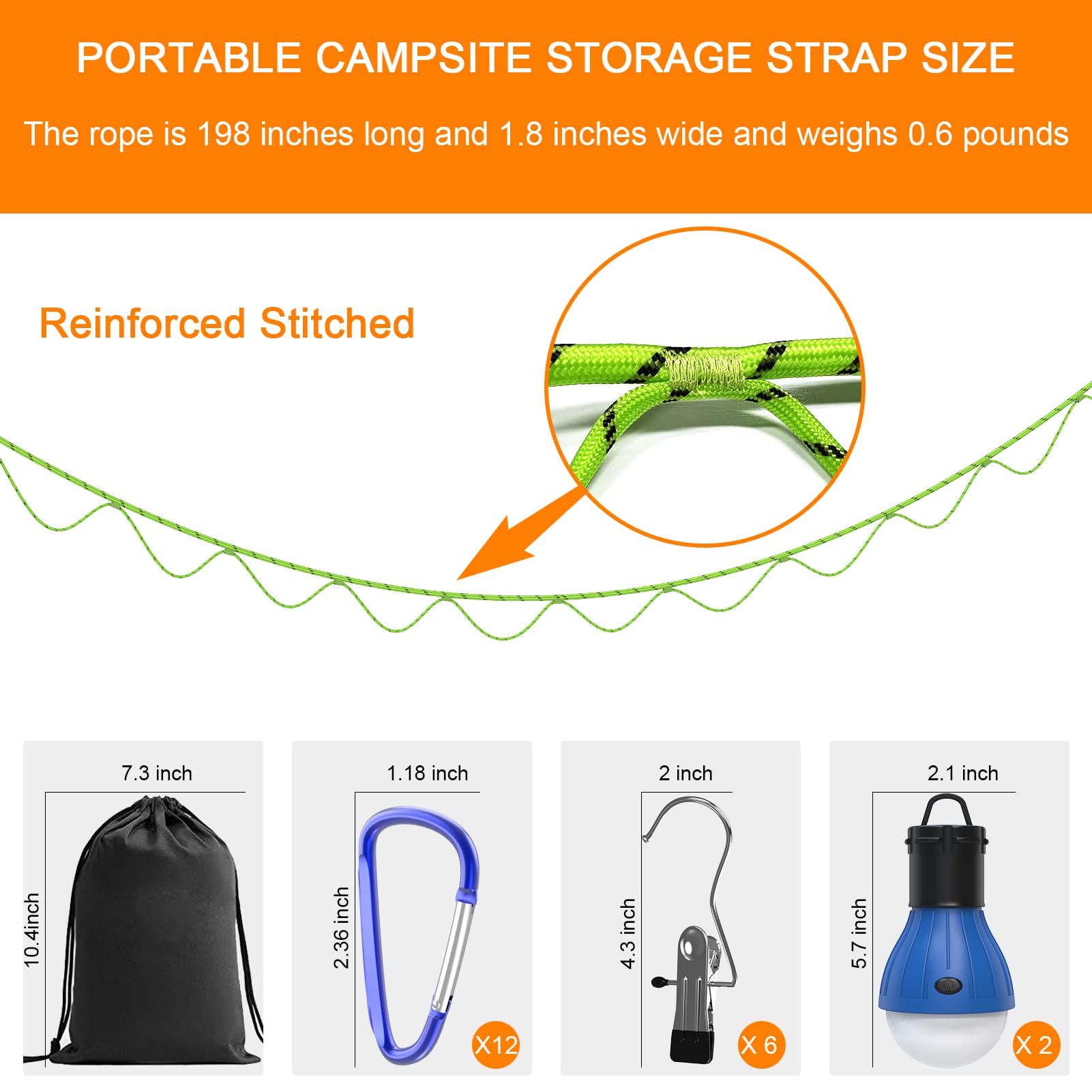 Areson Camping Accessories Campsite Storage Strap with 2 LED Camping Lights, 16ft Adjustable Tent Camping Lanyard Rope Clothesline for Hanging Camping Gear and Equipment, Tent Accessories (Green)