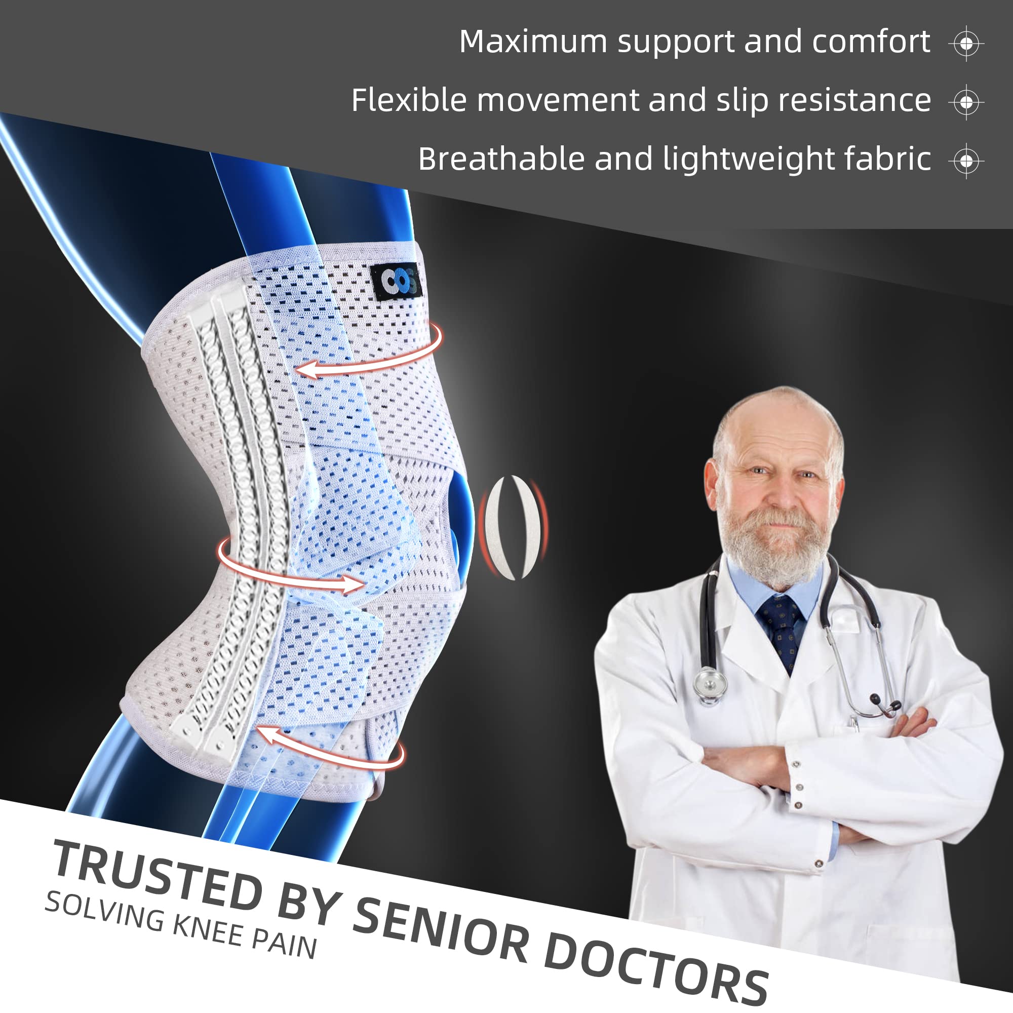 aurrako Knee Braces with Side Stabilizers for Knee Pain and Support Women/Men,Breathable Adjustable Compression knee sleeve for Meniscal Tear MCL Arthritis Injuries Recovery(Large, White)