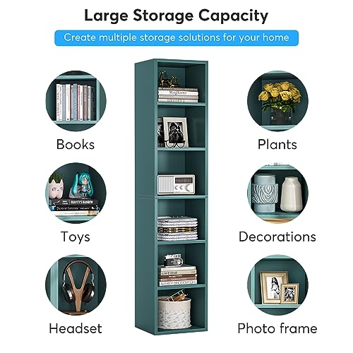 LITTLE TREE 70.9 Inch Tall Narrow Bookcase, Corner Bookshelf 6 Tier Cube Display Shelf Storage Organizer for Small Space, Blue