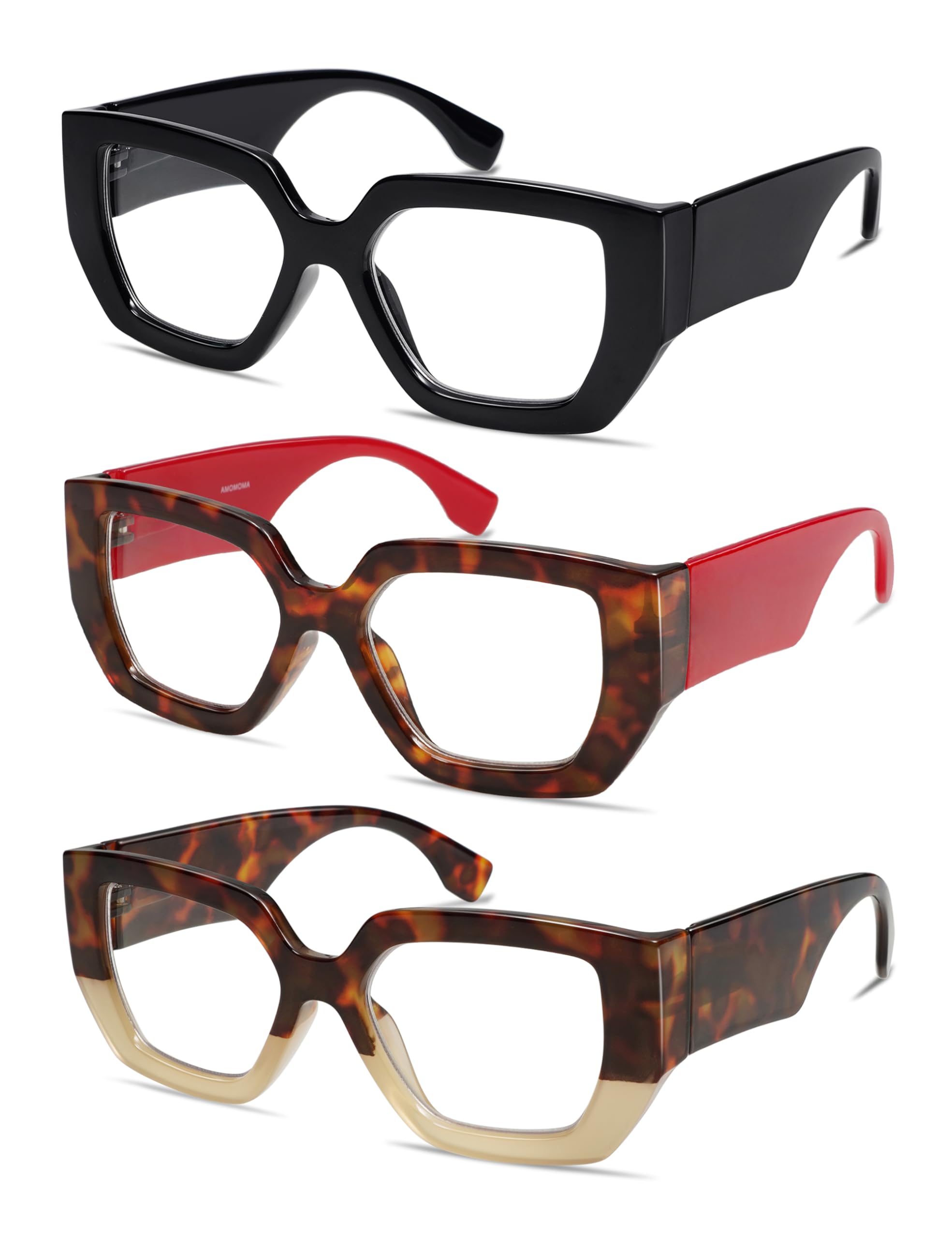 AMOMOMA 3-Pack Oversized Square Reading Glasses for Women,Fashion Trendy Style Blue Light Blocking Eyewear Readers Large Frame with Spring Hinge AM6109 C1+C3+C4 1.0 x