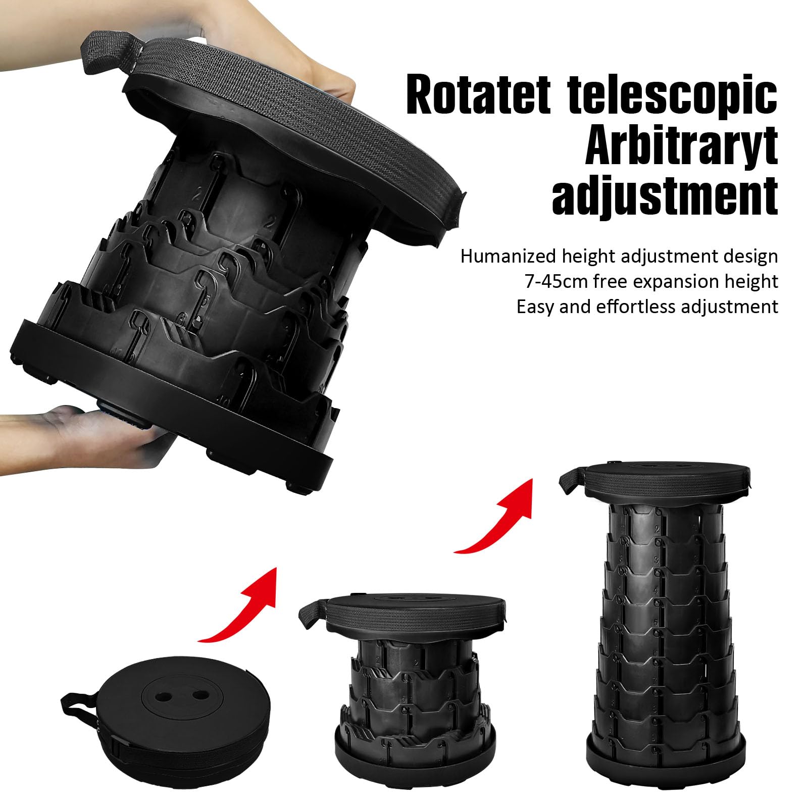 BEBODOFI Upgraded Foldable Telescoping Stool Portable, Lightweight Yet More Sturdy with Load Capacity 400lbs Collapsible Stool Retractable Stool for Camping Fishing Hiking BBQ (Black)