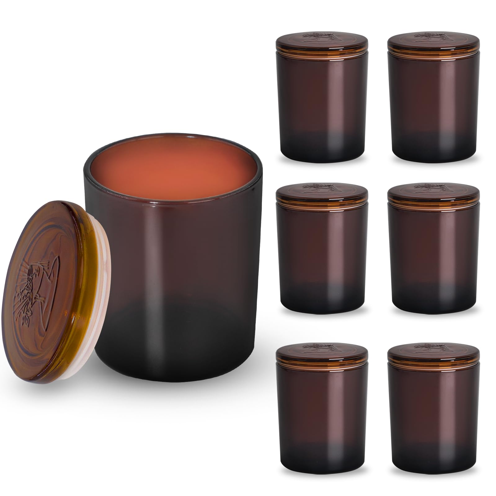 DRUNKEN 6 Pack Round Glass Candle Jars, 14.4oz Amber Empty Candle Container Tins with Glass Lids, Bulk Candle Containers Jars for Making Candles - Dishwasher Safe…