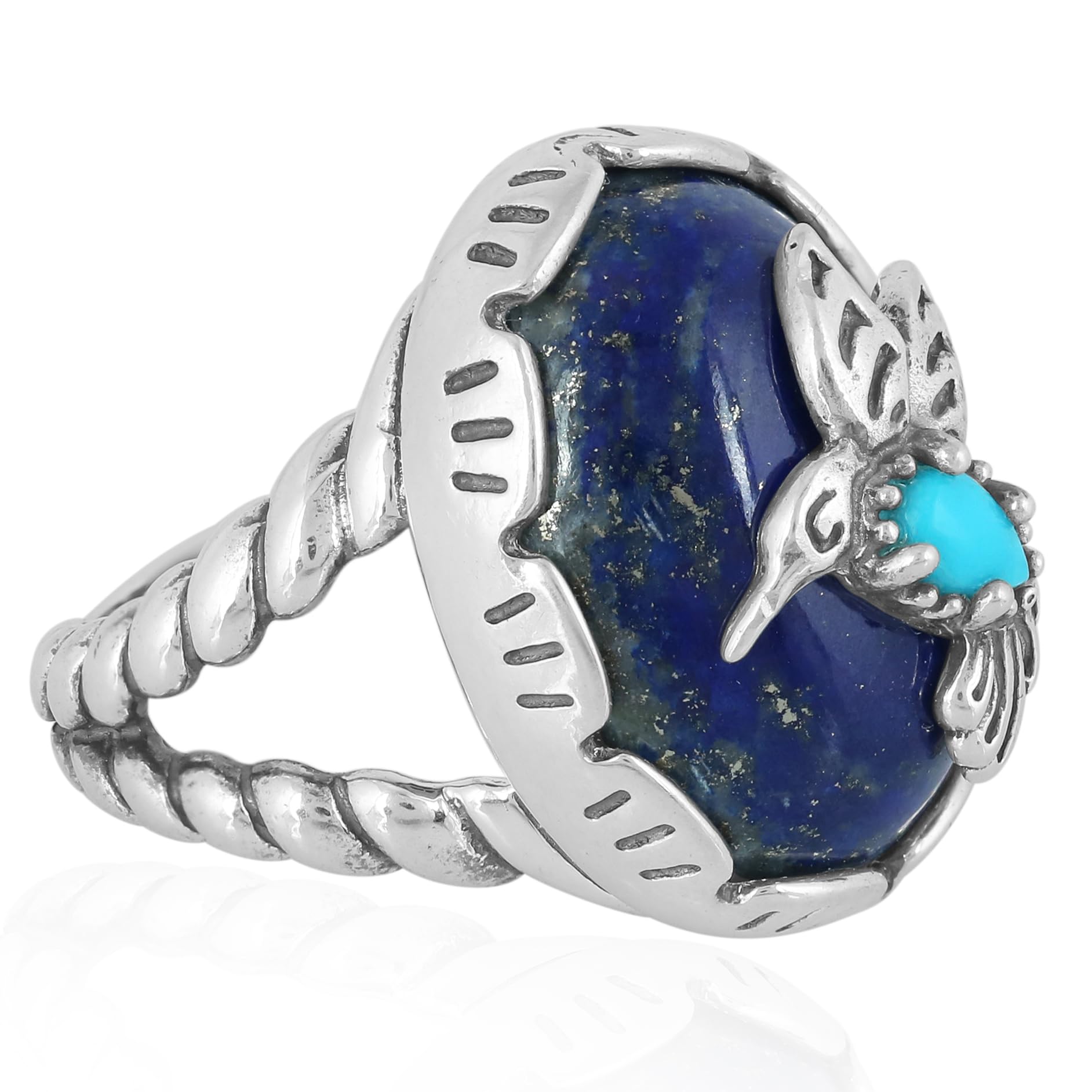 American West Sterling Silver Women's Ring Blue Turquoise and Gold Mother of Pearl Gemstone Hummingbird Design Size 7