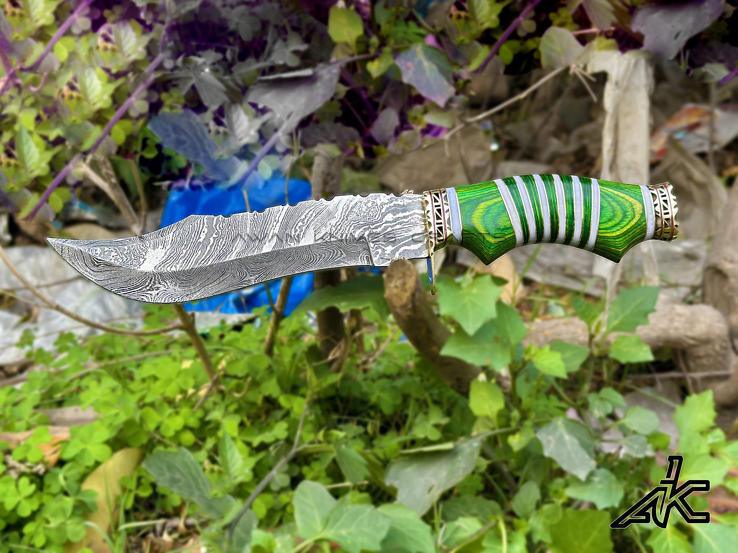 Awan Knives Crafts - 12" Handmade Damascus Hunting Knife with Sheath - Unique Fixed Blade Knife for Men - Exotic Wood Handle - Choose Your Color (Green)