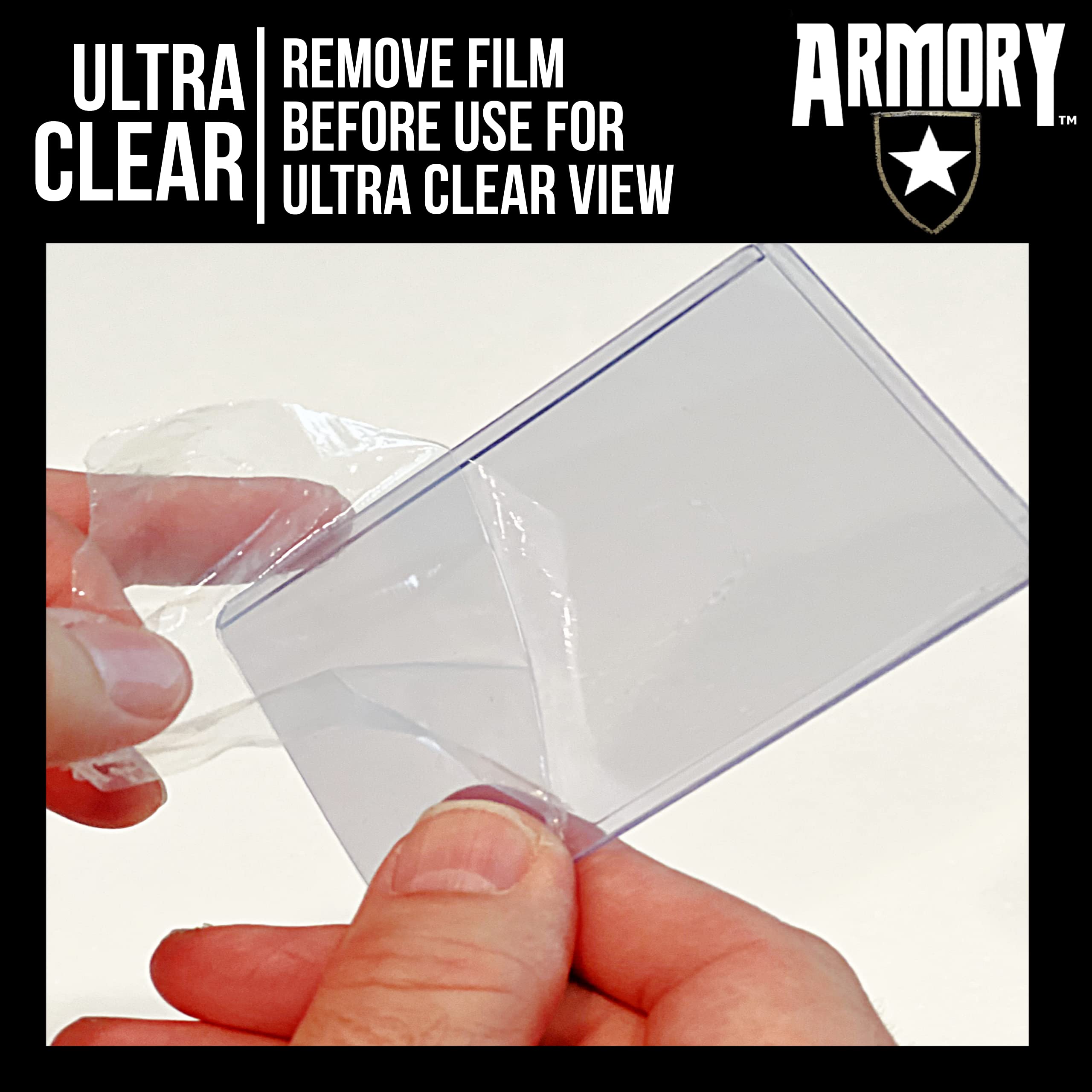 ARMORY 50 Pack Standard Top Loader Trading Card Holders Bundle w/Free Card Centering Tool,100 Free Penny Sleeves! | Tear Off Film, Ultra Clear Pro, Baseball, Trading, Sports, Toploader