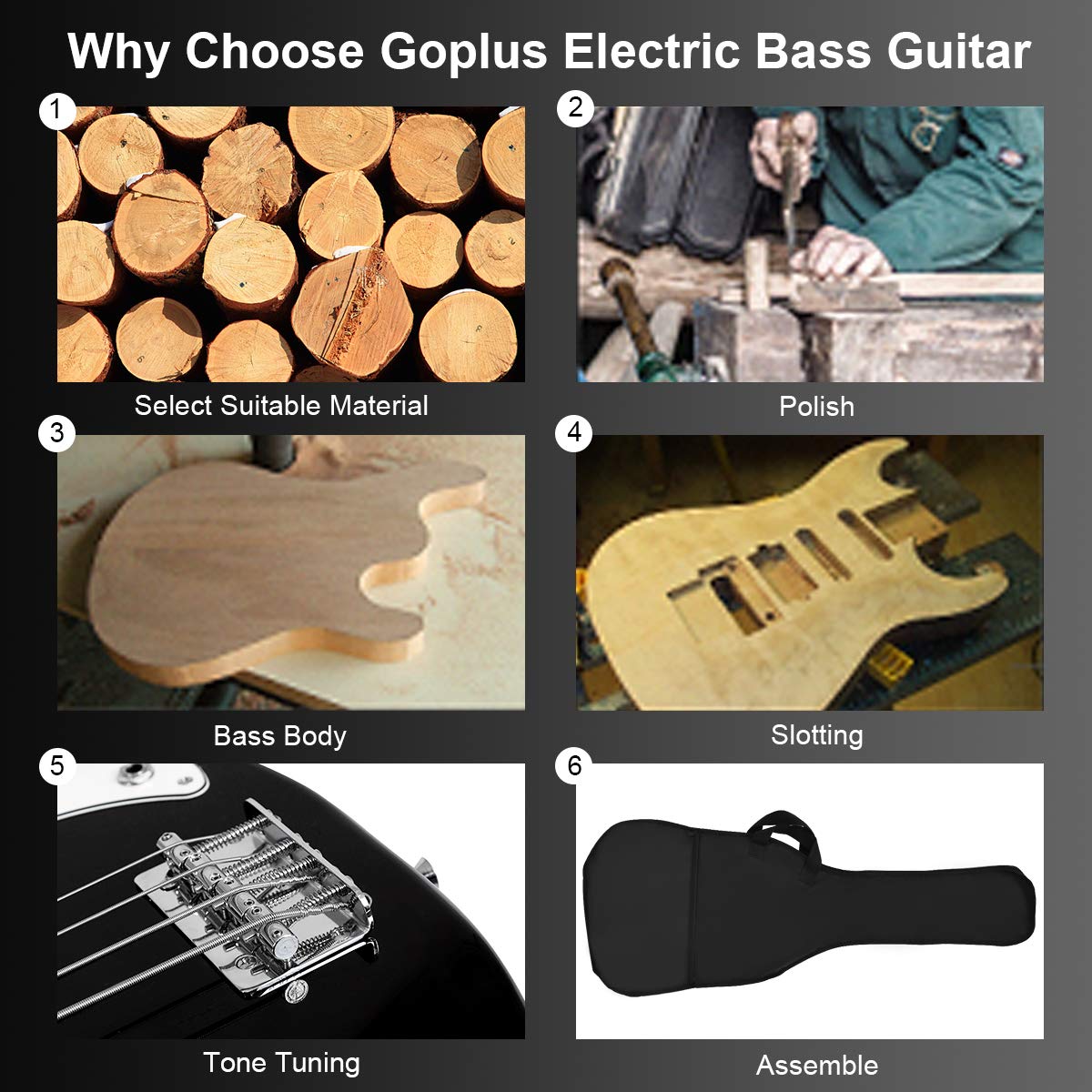 Goplus Full Size 4 String Electric Bass Guitar with Strap Guitar Bag Amp Cord (Brown Bass 4 Straps)