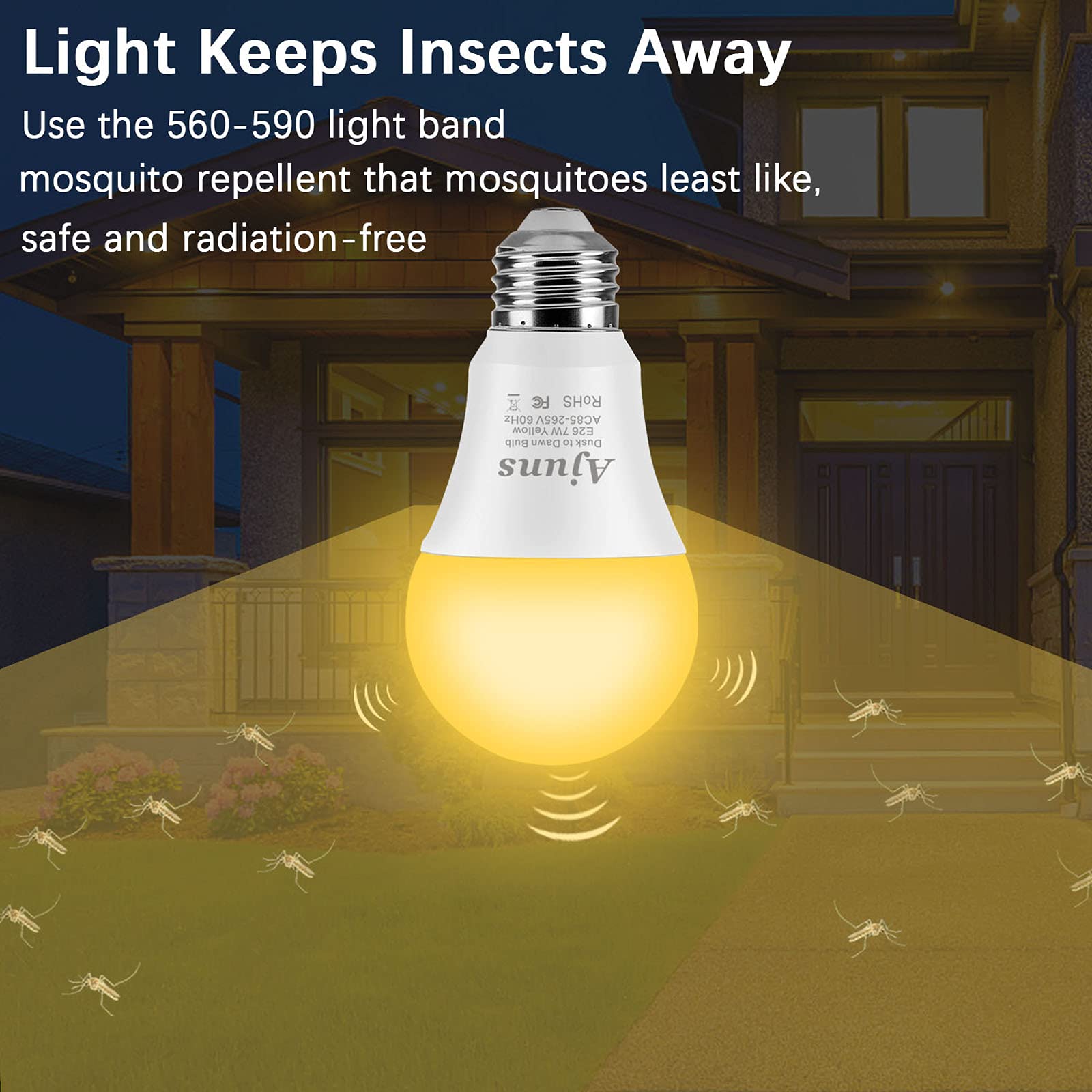 Ajuns Dusk to Dawn Bug Bulb Outdoor Sensor Yellow Bug Light Bulbs Automatic On/Off,for Terrace, Deck, Backyard, Porch, 7W Yellow Lights 2000K, 2 Packs