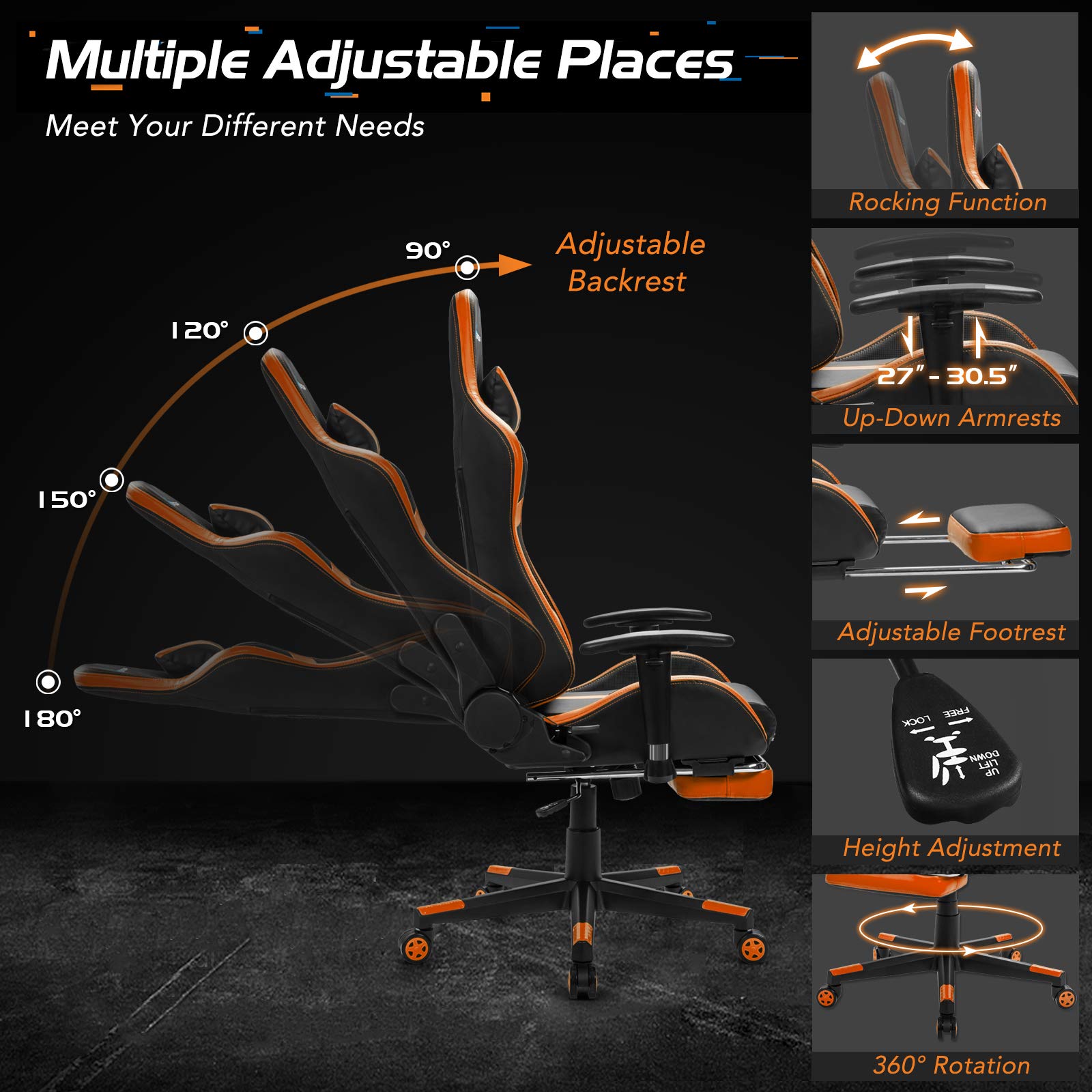 Goplus Gaming Chair, Massage Office Chair Computer Gaming Racing Chair, High Back PU Leather Adjustable Ergonomic Reclining PC Game Chair, Rolling Swivel Executive Chair with Footrest (Blue)