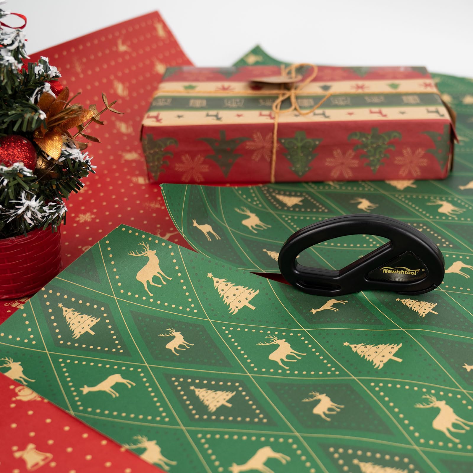 NEWISHTOOL 4 Pack Black Gift Wrap Cutter, Christmas Wrapping Paper Cutter Safety Cutter for Cutting Holiday Present Gift Wrapping Paper Craft Papers, 2 Types Sliding Cutter Tool Paper Slitter Knife