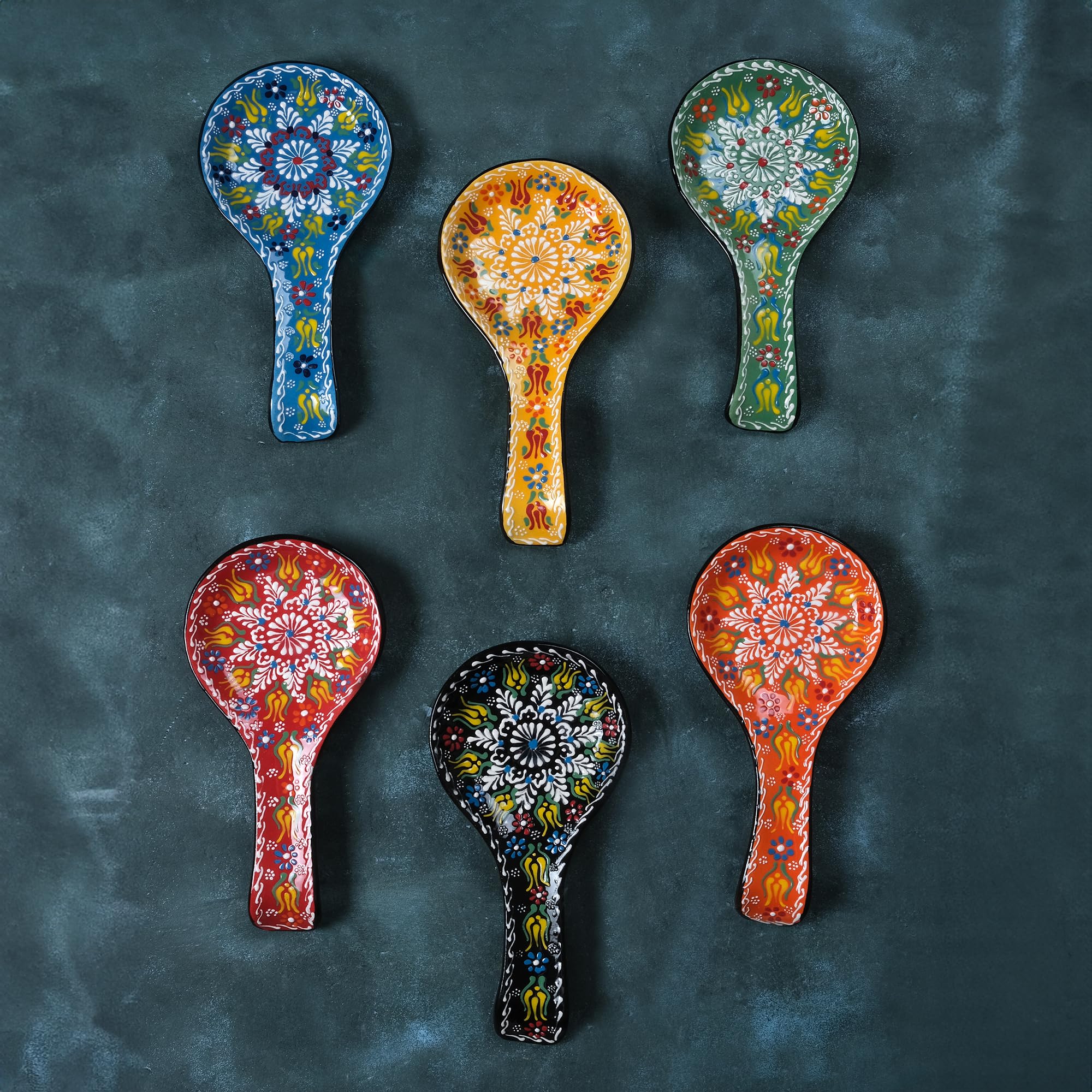 BCS Spoon Rest Set of 2 - Ceramic Spoon Holder for Stovetop & Kitchen Counter - Dishwasher Safe Handmade Kitchen Utensil (Green-Orange 4.5” W x 9" L)