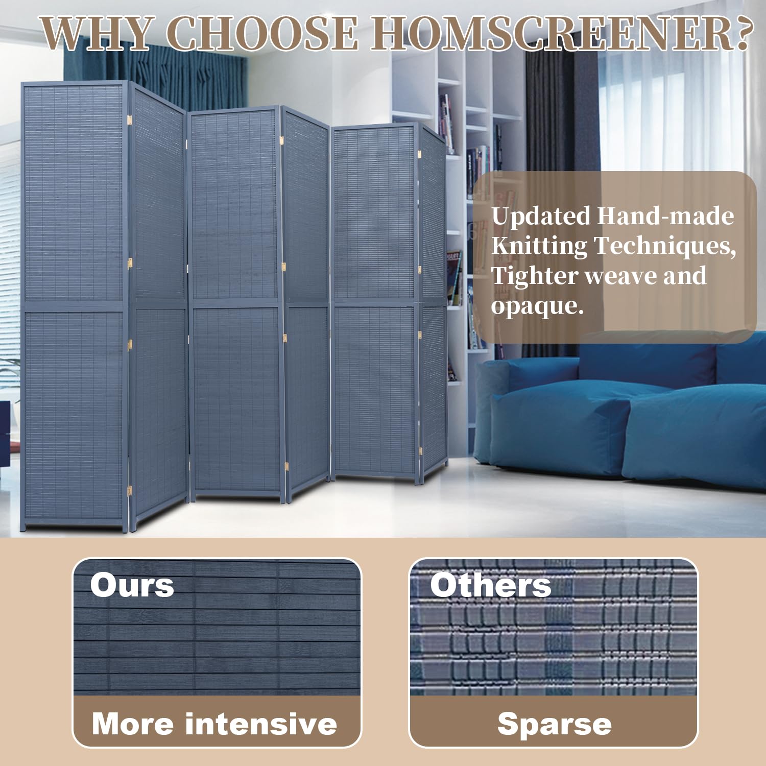 Room Divider Folding Privacy Screens, 6FT Bamboo Room Divider Wall Panel, Freestanding 2-in-1 Multifunction Partition Room Dividers for Room Separation 6 Panel Hand Made Mesh Woven Wall Divider Screen