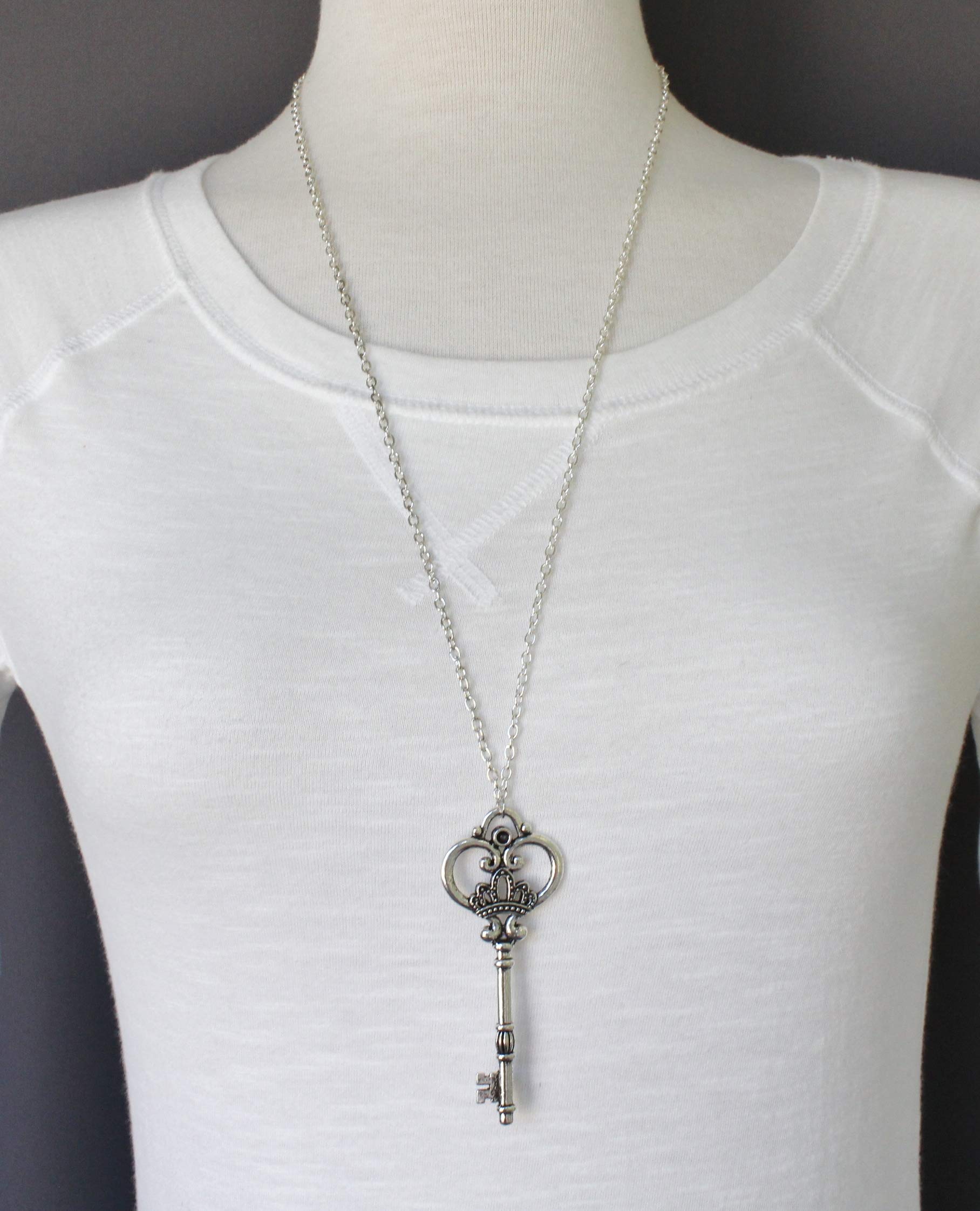 Antiqued womens Silver key necklace 27 long necklace chain skeleton key pendant silver chain