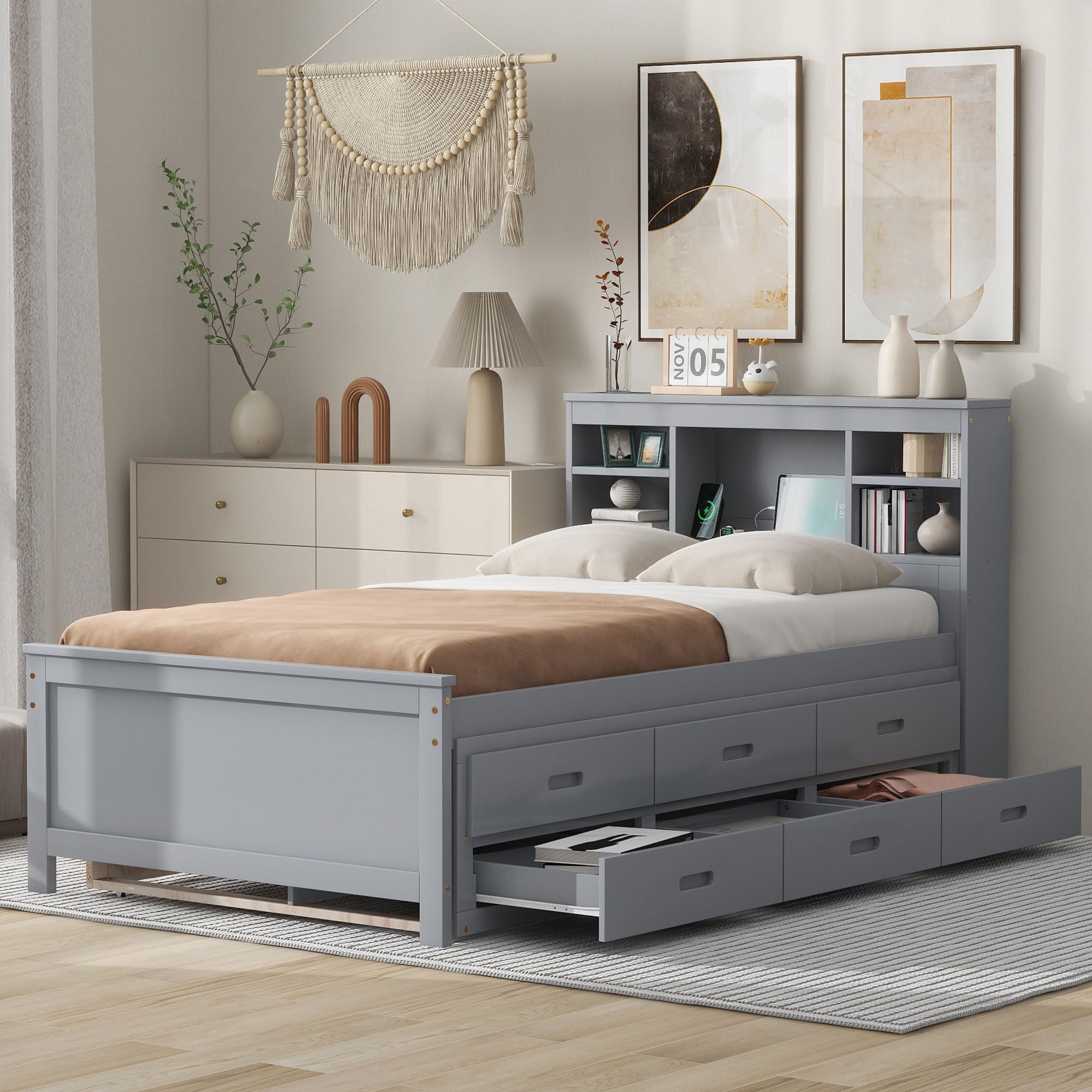 Twin Size Bed Frame Wooden Platform Bed with Storage Bookcase Headboard and Charging Station, Twin Storage Bed Frame with Trundle and 3 Drawers for Kids, Teens, Adults, No Box Spring Needed (Gray)