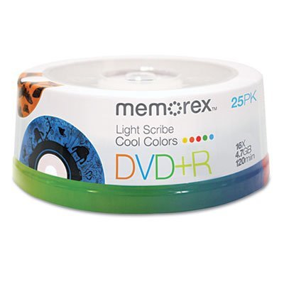Memorex DVD+R Recordable LightScribe Media Spindle, 4.7GB/120 Minutes, Cool Colors, Pack of 25
