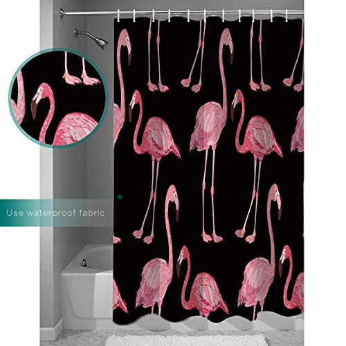 ANNAMALL Shower Curtains,Watercolor Pink Flamingo Pattern Black Background Cloth Shower Curtain for Bathroom,Shower Curtain Set with Curtain Hooks 48"x72"