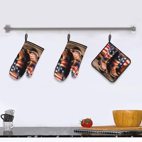 American Flag with Cowboy Boots Oven Mitts and Pot Holders Set–Ultimate Heat Resistant Set for Kitchen and Dining