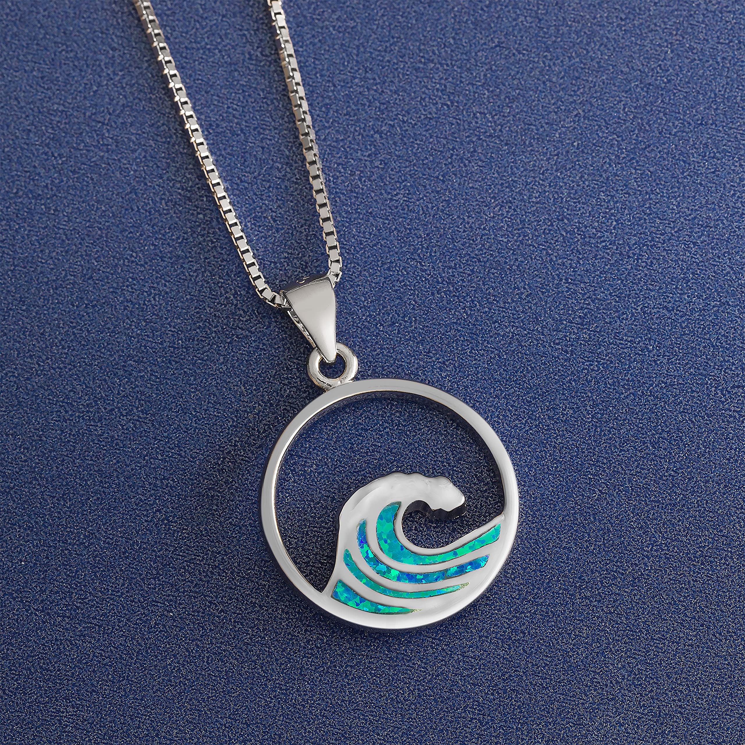Aloha Jewelry Company Sterling Silver Created Blue Opal Wave Neckalce Pendant with 18" Box Chain