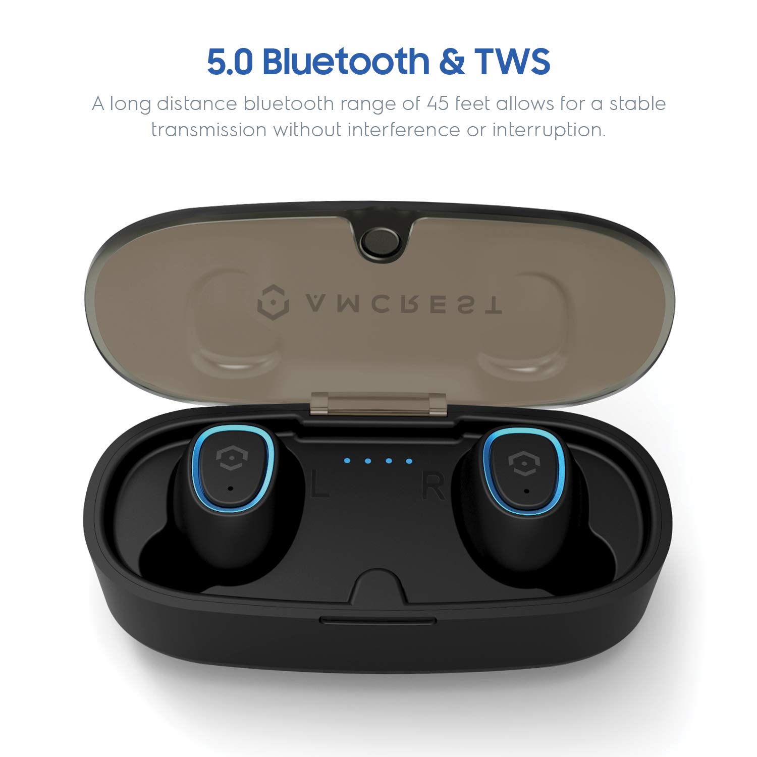 Amcrest Bluetooth Earbuds with Microphone, Deep Bass, Bluetooth 5.0 TWS in-Ear Wireless Bluetooth Earbuds with Mic, Wireless Charging Case, IPX4 Weatherproof Google Assistant & Siri Compatible