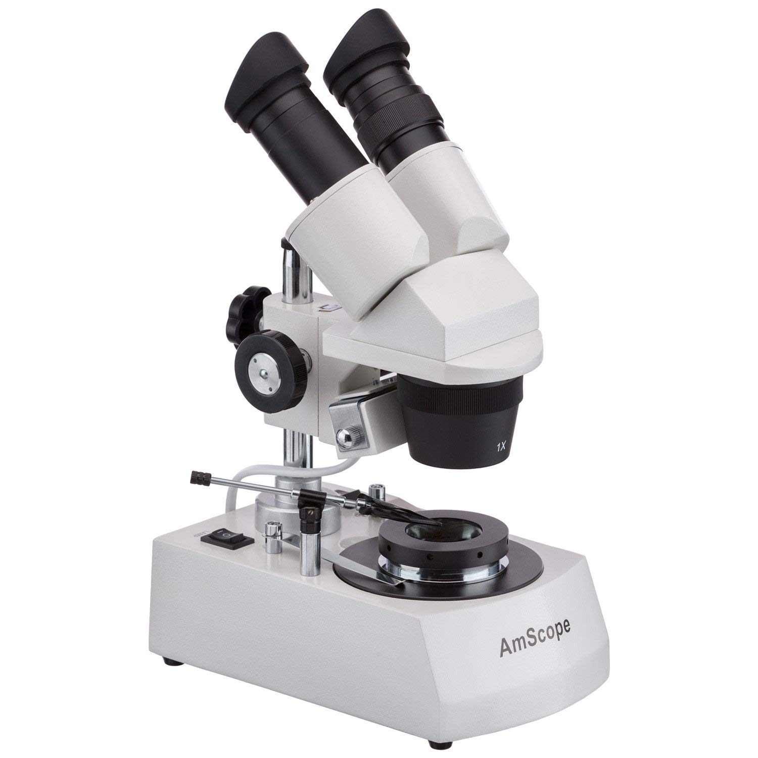 AmScope SE305-PZ-DK Binocular Stereo Microscope, WF10x and WF20x Eyepieces, 10X/20X/30X/60X Magnification, 1X and 3X Objectives, Upper and Lower Halogen Lighting, Reversible Black/White Stage Plate, Arm Stand, 120V, Includes Darkfield Condenser