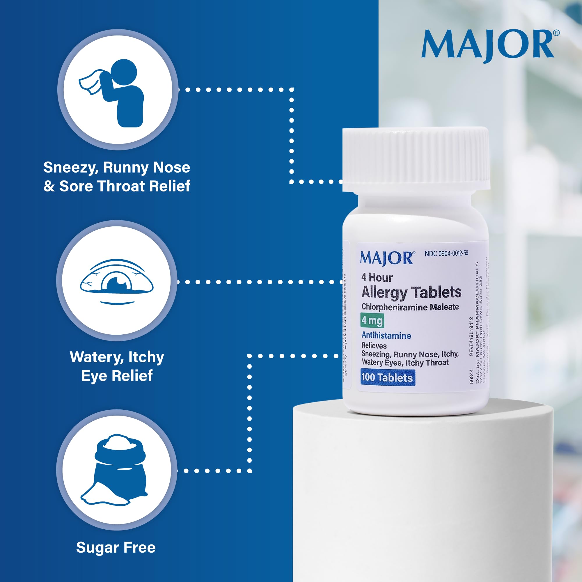 MAJOR Chlorpheniramine 4 Mg Tabs - Chlorpheniramine Maleate 4-Hour Allergy Medicine Tablets - Antihistamine for Sneezing, Itchy and Watery Eyes, Itchy Throat, Runny Nose - 100 Tablets per Bottle