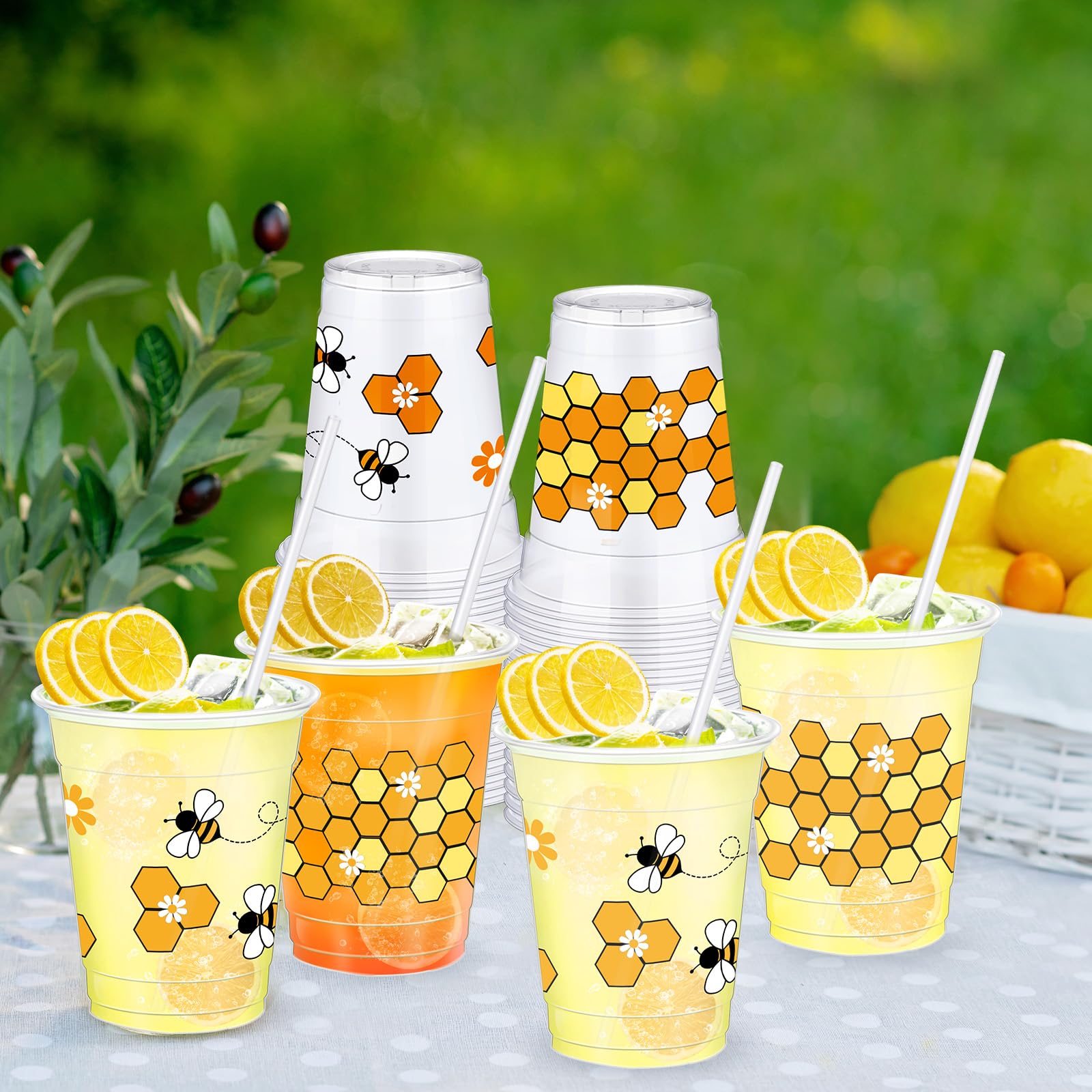 Sliner 50 Pcs Bee Party Plastic Cups with Straws 12 oz Clear Honey Bee Cups Disposable Bee Drinking Cups Bee Theme Party Favors for Home Kitchen Bee Birthday Baby Shower Party Supplies Decor