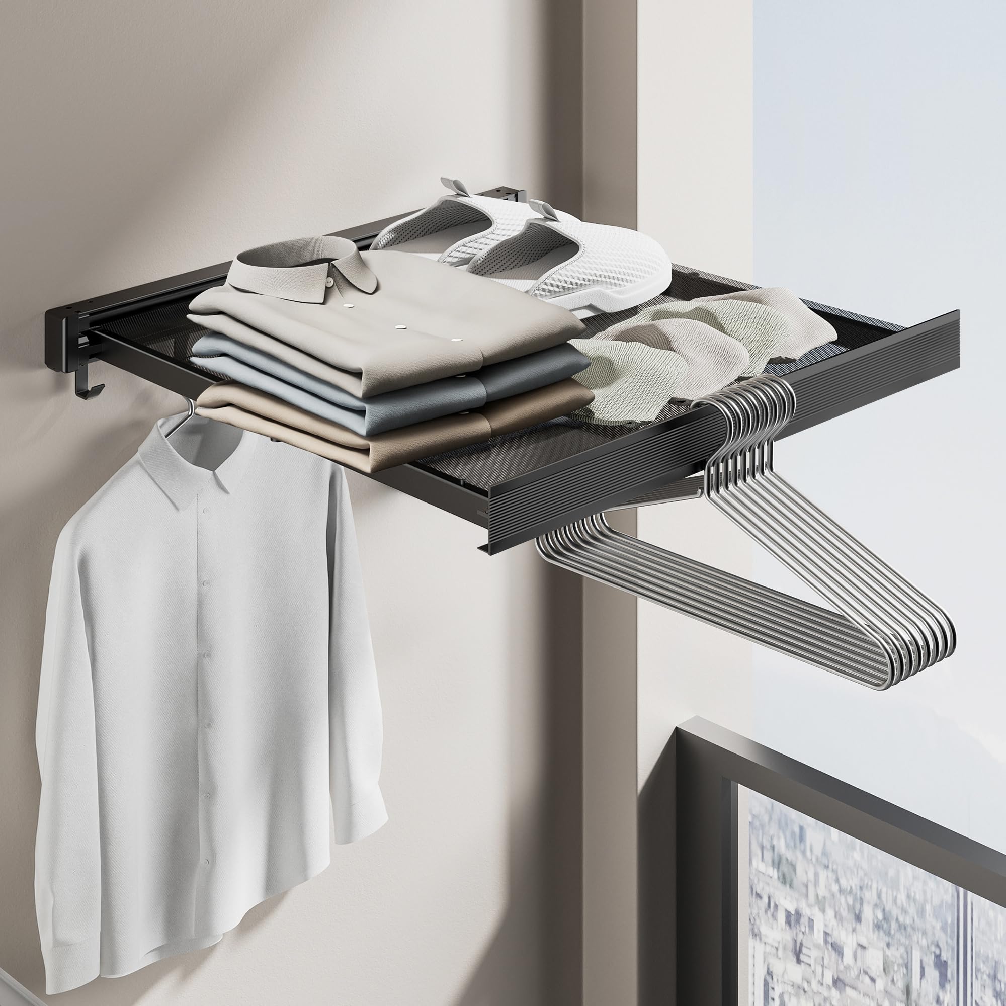 CHAHUANV Retractable Drying Rack with Net,Laundry Drying Rack for Shoes,Socks,Underwear,Wall Mouted Drying Rack with Hooks,Folding,Collapsible Hanger Rack, Gray
