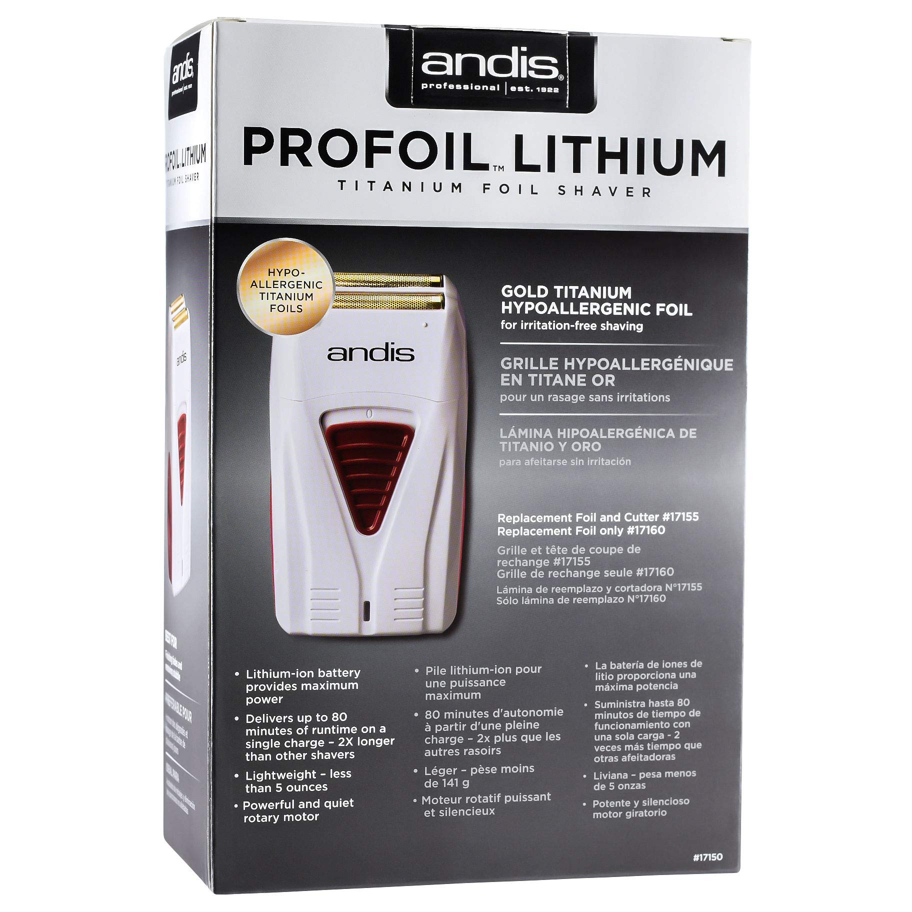 Andis 17150 Pro Foil Lithium Titanium Shaver, Cord-Cordless (Grey) - Bundled with KEPSE Neck Duster
