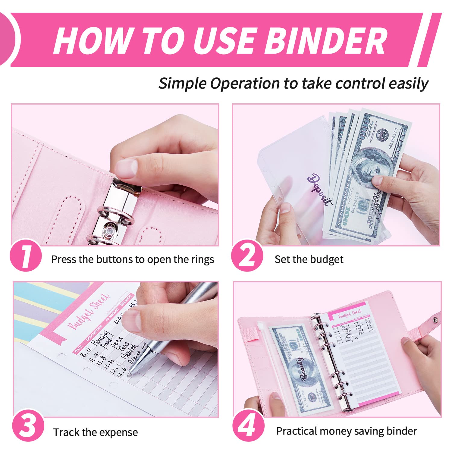 A6 Binder,Cash Envelopes for Budgeting,37 Pcs Budget Binder with Cash Envelopes, Money Saving Binder, Refillable Loose-Leaf Budget Wallet Planner Money Organizer for Cash Receipt Coupon, Pink