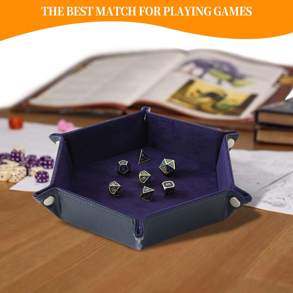 Grajar 2 Pcs Portable Folding Dice Rolling Tray Set for RPG DND Table Games - PU Leather and Velvet Holder Storage Box - Navy Blue and Camel