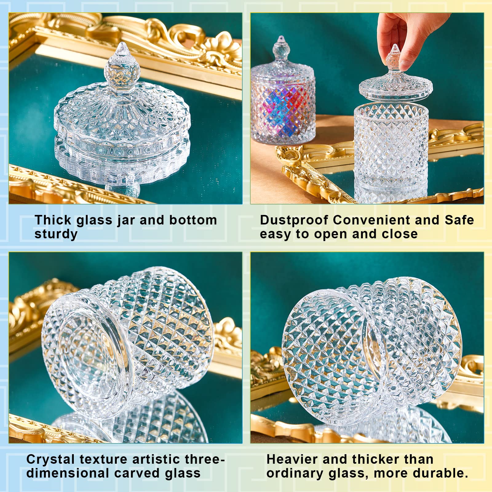 Aoriher 4 Pcs Crystal Glass Candy Jar with Lid Home Decorative Jar Glass Storage Bathroom Jars Jewelry Box Canister Jar for Cotton Swab Glass Jar for Kitchen Bathroom Pantry (Clear,Medium)