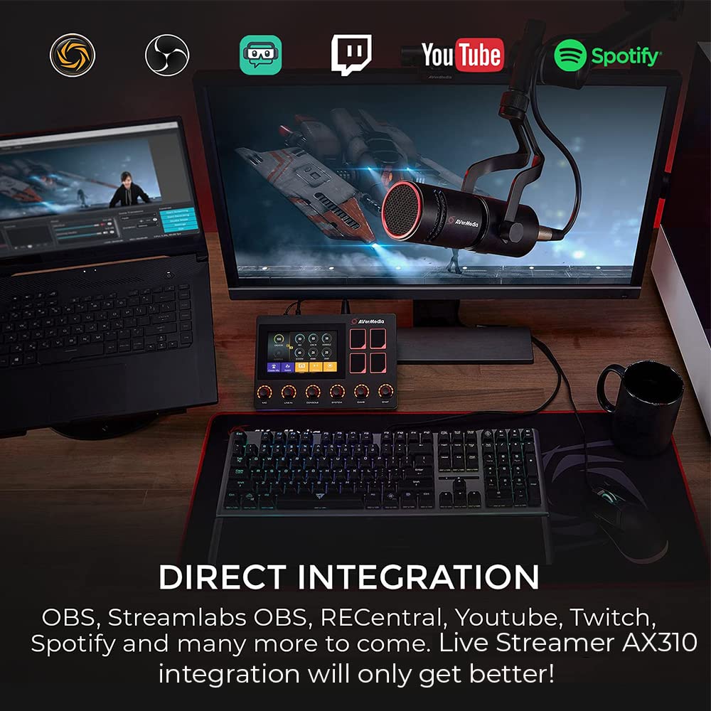 AVerMedia Live Streamer AX310 - Creator Control Center, 6 Track Audio Mixer with IPS Touch Panel, Trigger Actions on OBS, Streamlabs, Spotify, VTube, Twitch, YouTube, and more