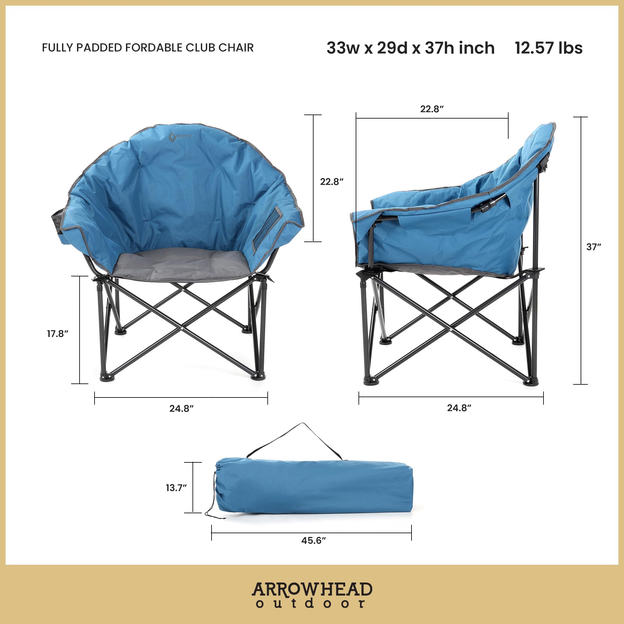 ARROWHEAD OUTDOOR Oversized Heavy-Duty Club Folding Camping Chair w/External Pocket, Cup Holder, Portable, Padded, Moon, Round, Saucer, Supports 330lbs, Carrying Bag, USA-Based Support