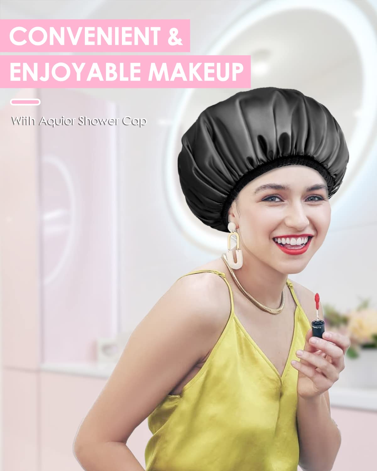 Aquior Shower Cap,Terry Lined Shower Cap for Women Reusable, Triple Layer Waterproof Bath Cap, Extra Large for Women Long Hair(Black)