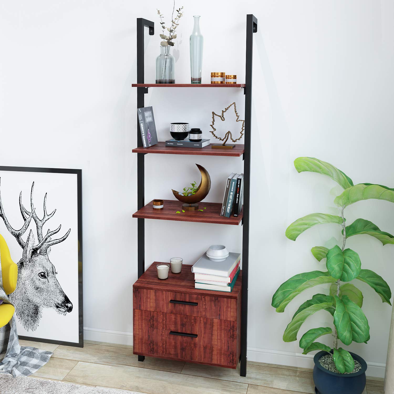 AECOJOY Wall Mounted Industrial 3-Tier Bookshelf with 2 Wood Drawers and Matte Steel Frame Ladder Shelf Bookcase, Ideal for Bathroom Home Office, Black