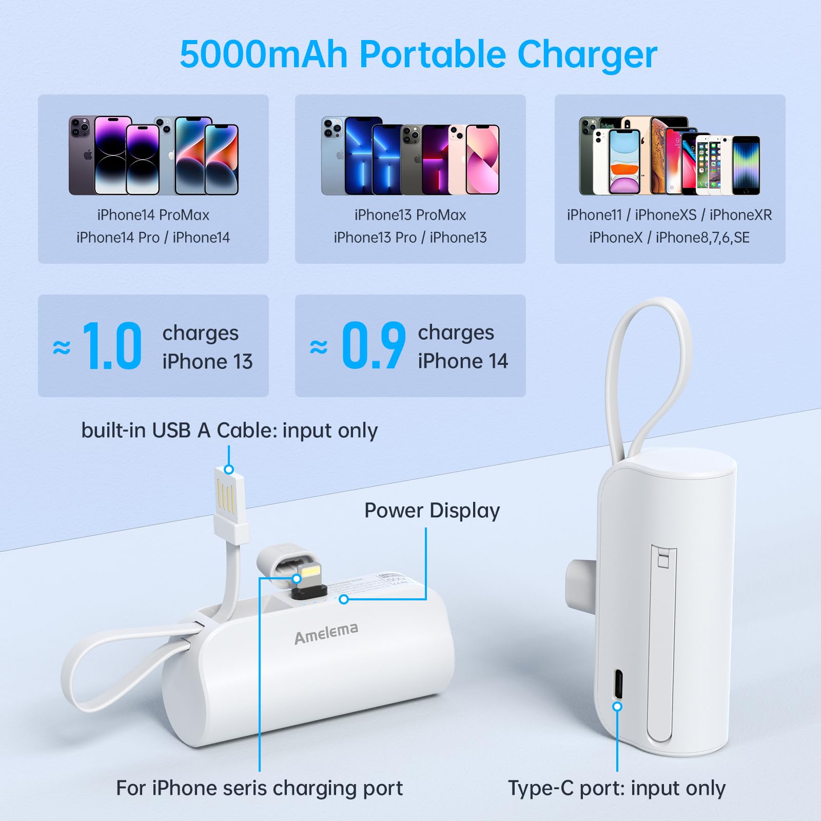 amelema Small Portable Charger for iPhone, 5000mAh Power Bank Fast Charging Portable Phone Charger Compact Battery Pack Compatible with iPhone 14/14 Pro Max/13/12/11/X/8/7/6, White