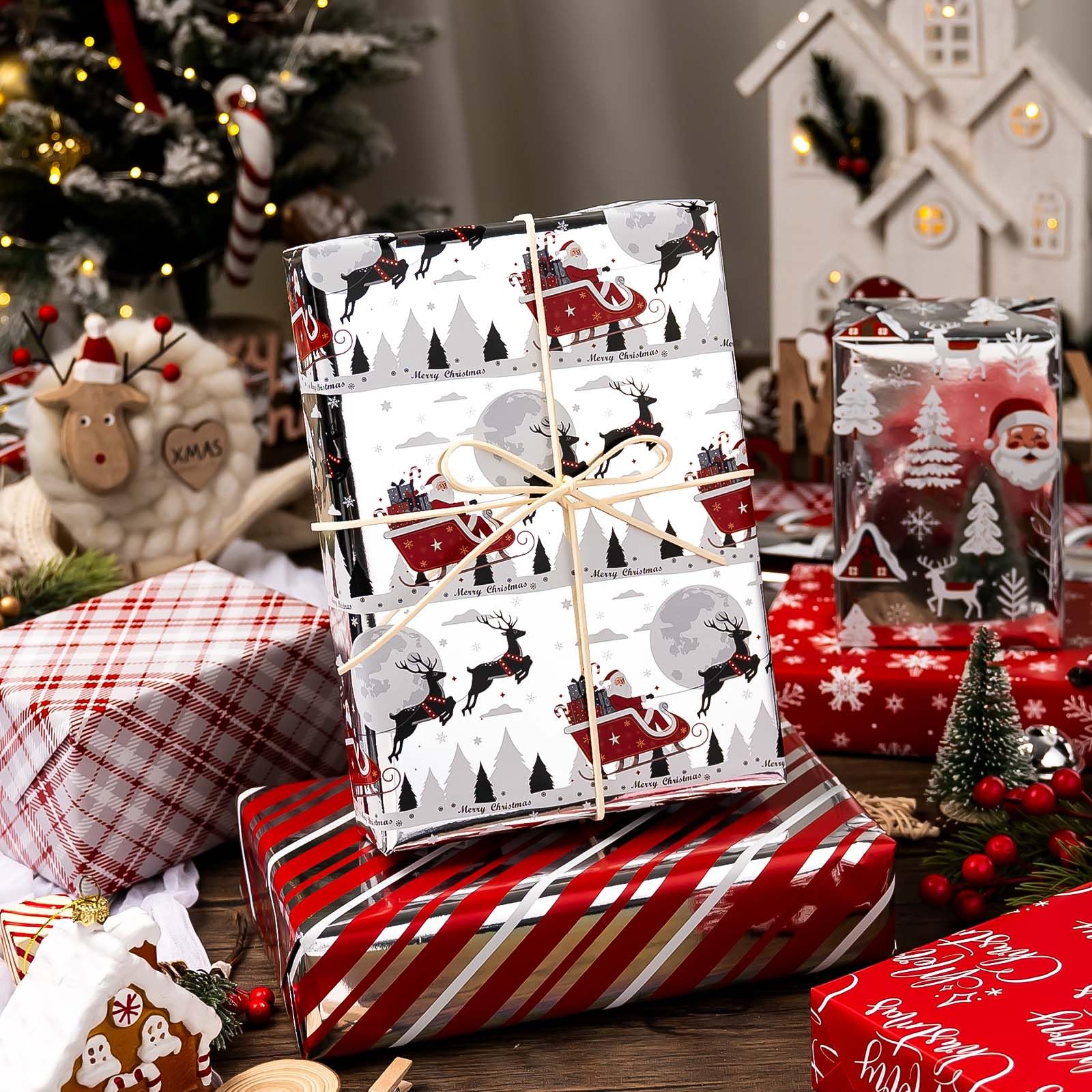 Homeral Reversible Christmas Wrapping Paper Roll - Metallic Shine Santa, Sleigh, Reindeer, Stripe, Plaid, Letterings, Snowflake for Christmas, New Year Celebration - 3 Rolls - 17 x 120 Inch Per Roll