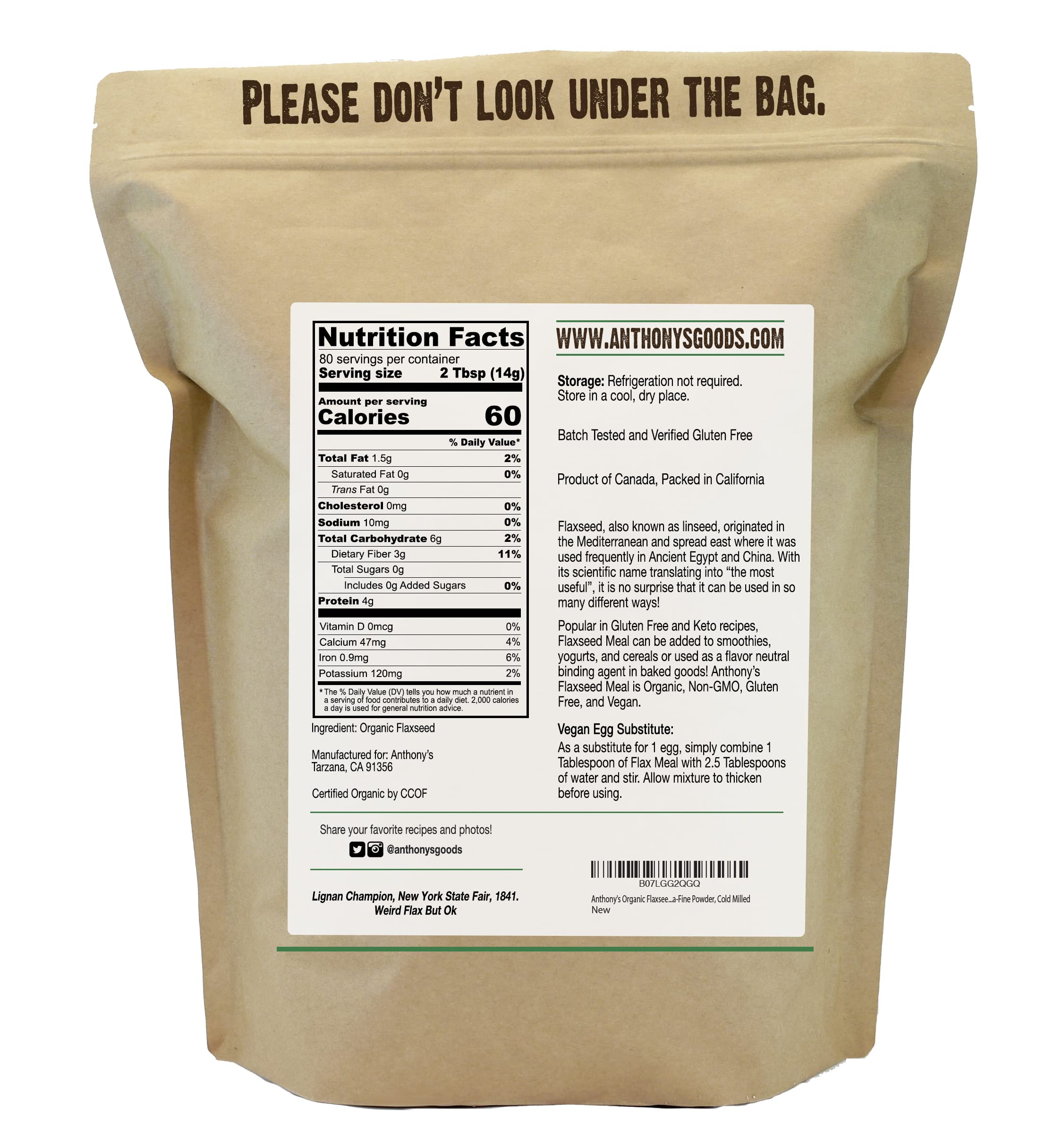 Anthony's Organic Flaxseed Meal, 2.5 lb, Gluten Free, Ground Ultra Fine Powder, Cold Milled, Keto Friendly