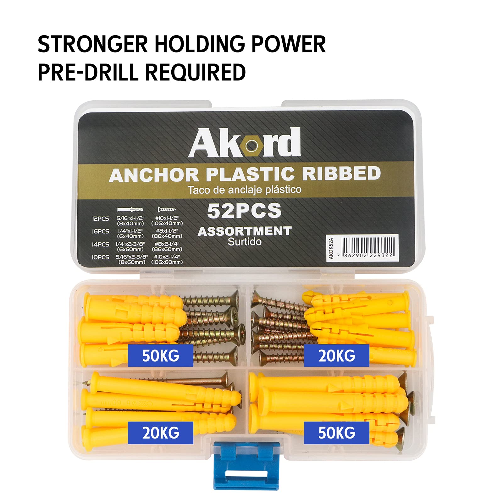 Akord 52 PCS Plastic Self Drilling Drywall Anchors with Screws Kit, 5 Sizes Galvanized Screws and Wall Plug Bolts with Organizer Box