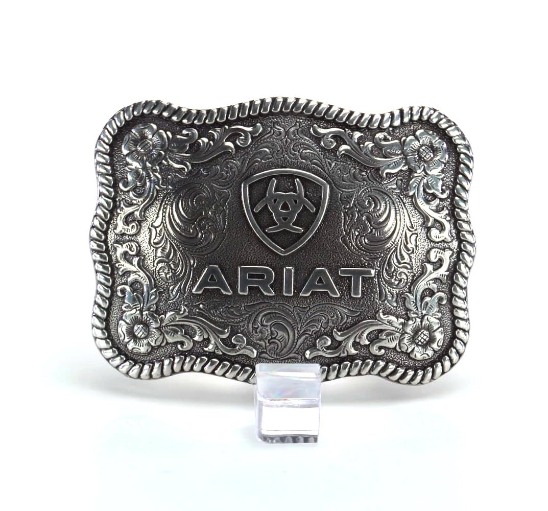 ARIAT Scalloped Logo Buckle with Twisted Rope Edge, Floral Scrolls, Filigree Detailing, 3 ¾" x 2 ¾"