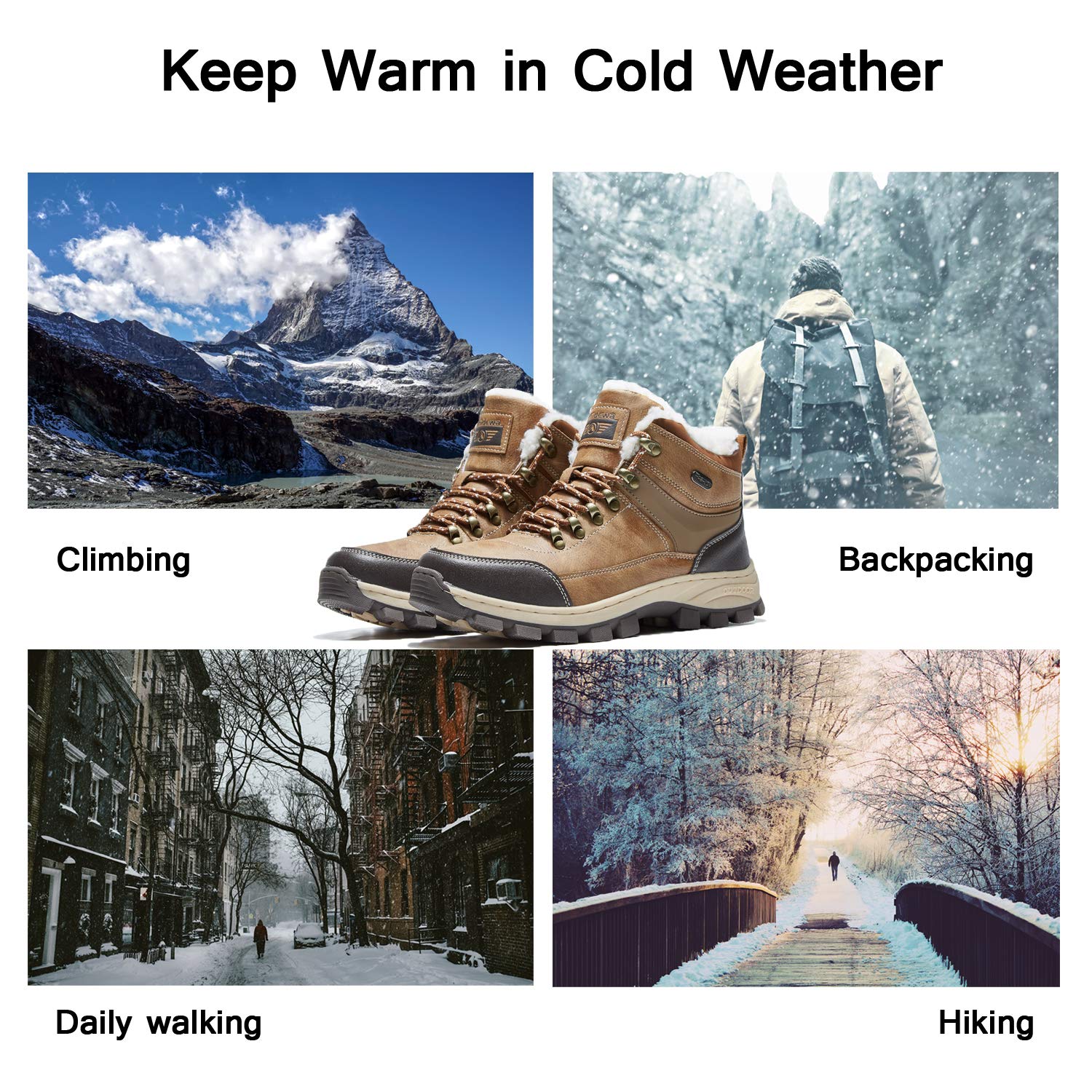 AMIDEWA Men’s Snow Ankle Boots Fur Lined Warm Anti-slip Outdoor Work Shoes for Cold Weather Hiking Camping Backpacking - BROWN - 8