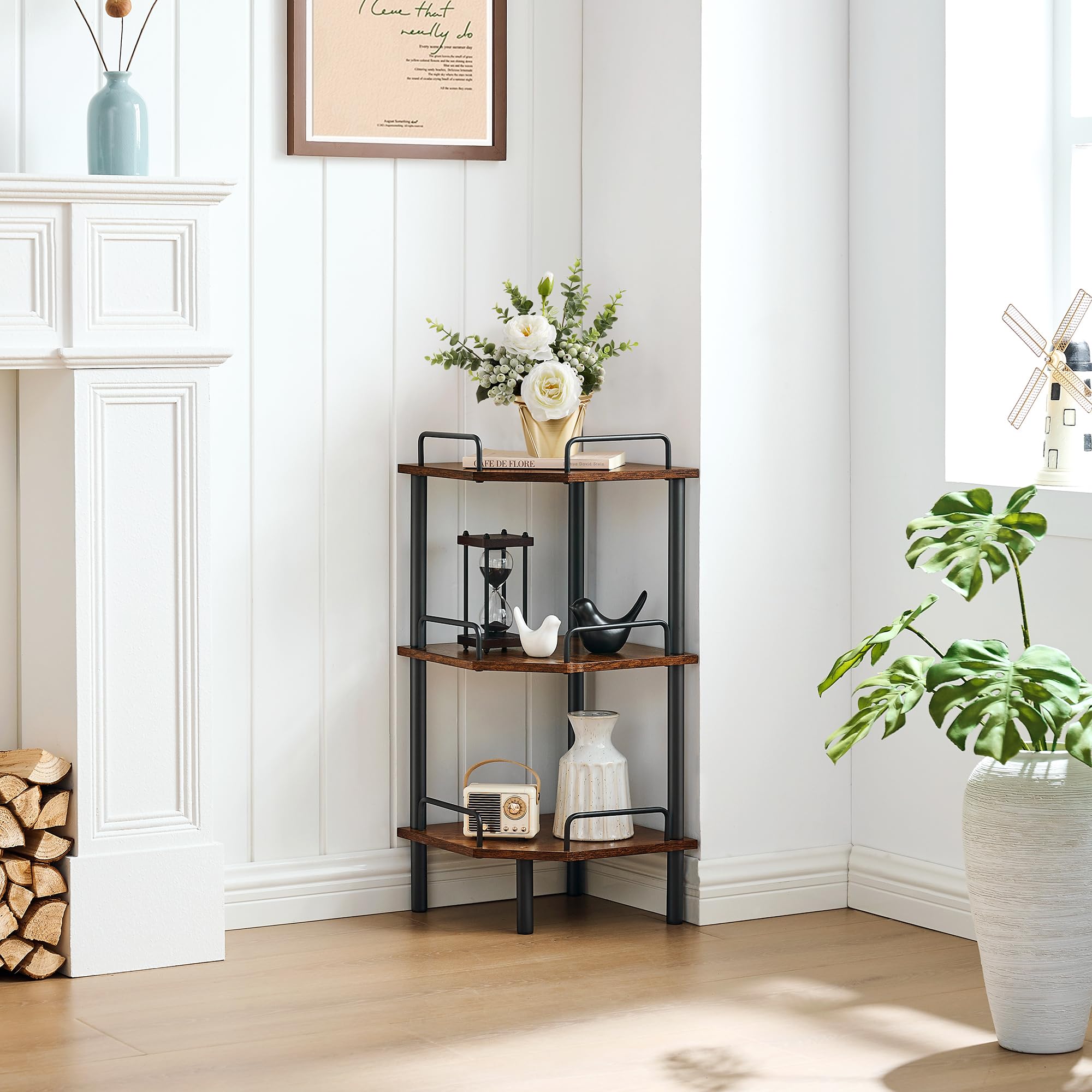 Tajsoon Corner Shelf Stand, 3 Tier Industrial Corner Shelves, Multipurpose Standing Display Shelf, Corner Shelving Unit for Bedroom, Living Room, Office, Kitchen, Rustic Brown