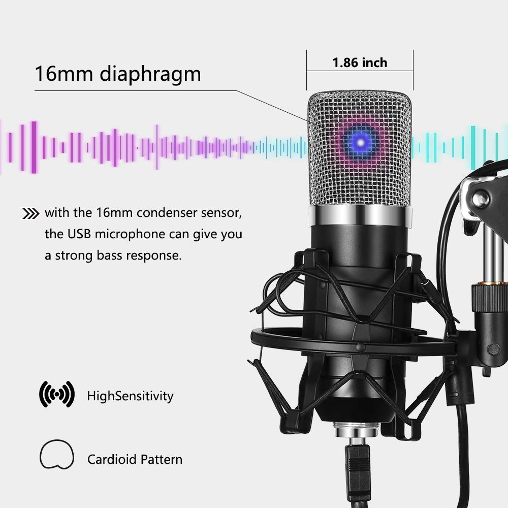 Ankuka Studio Condenser USB Microphone for Computer, Plug & Play Podcast Mic Kit with Adjustable Arm Stand Shock Mount for for Recording, Gaming, Singing, YouTube