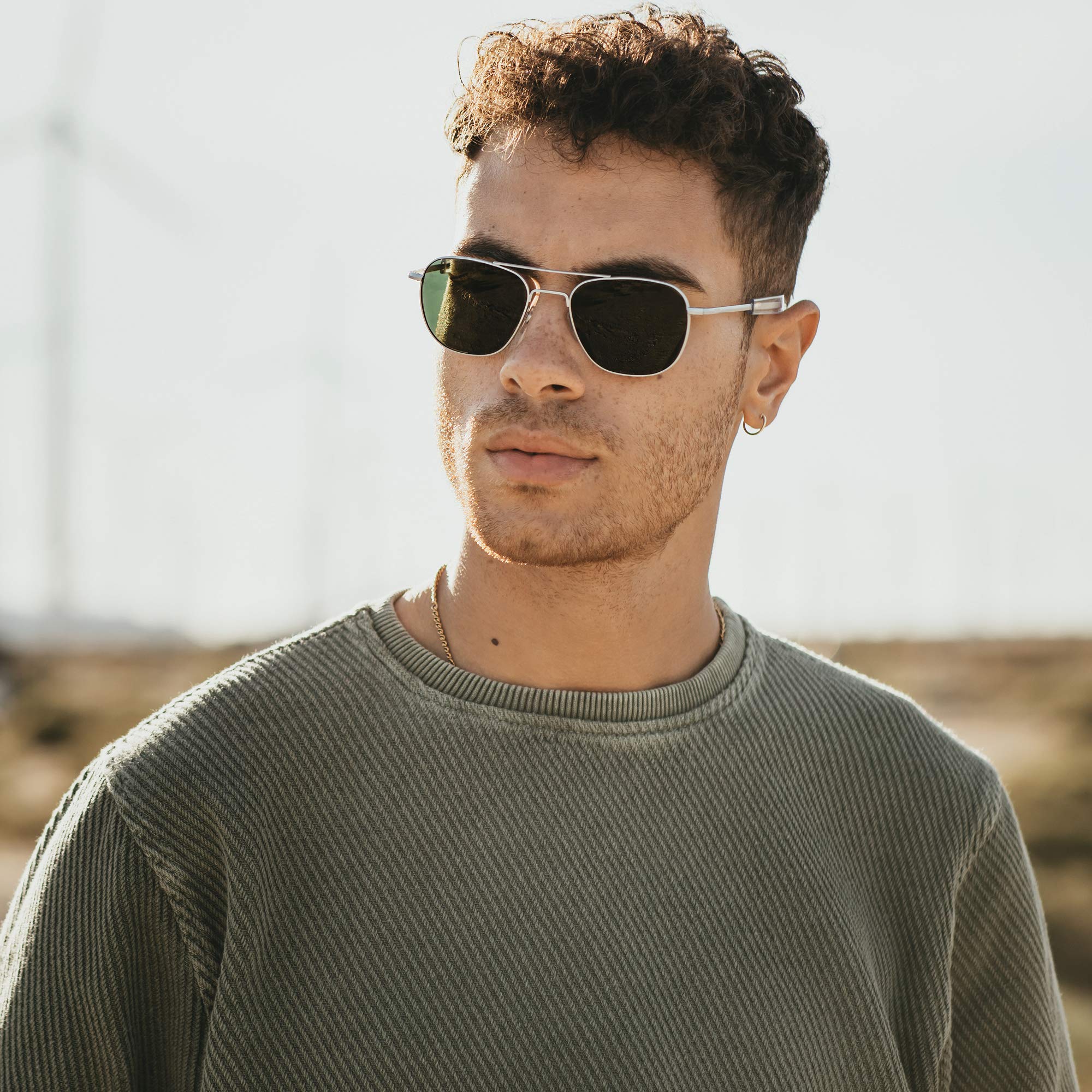 AO Original Pilot Sunglasses - Matte Silver - Calobar Green SkyMaster Glass Lenses - Bayonet Temple - Polarized - 55-20-140