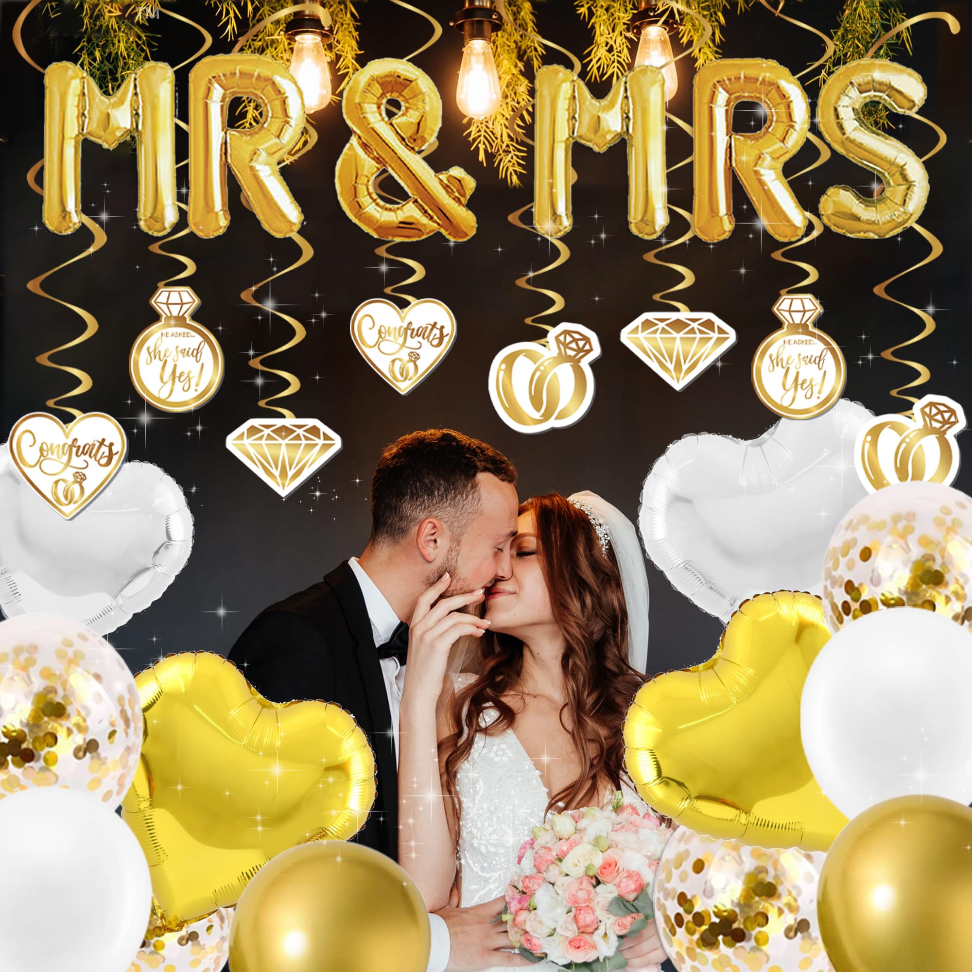 gold engagement party decorations - (Total 90pcs) Glitter happy Engaged Banner, MR and MRS Balloons, Hanging Swirl,balloons, Ring Balloons for Wedding Engagement Party Decor